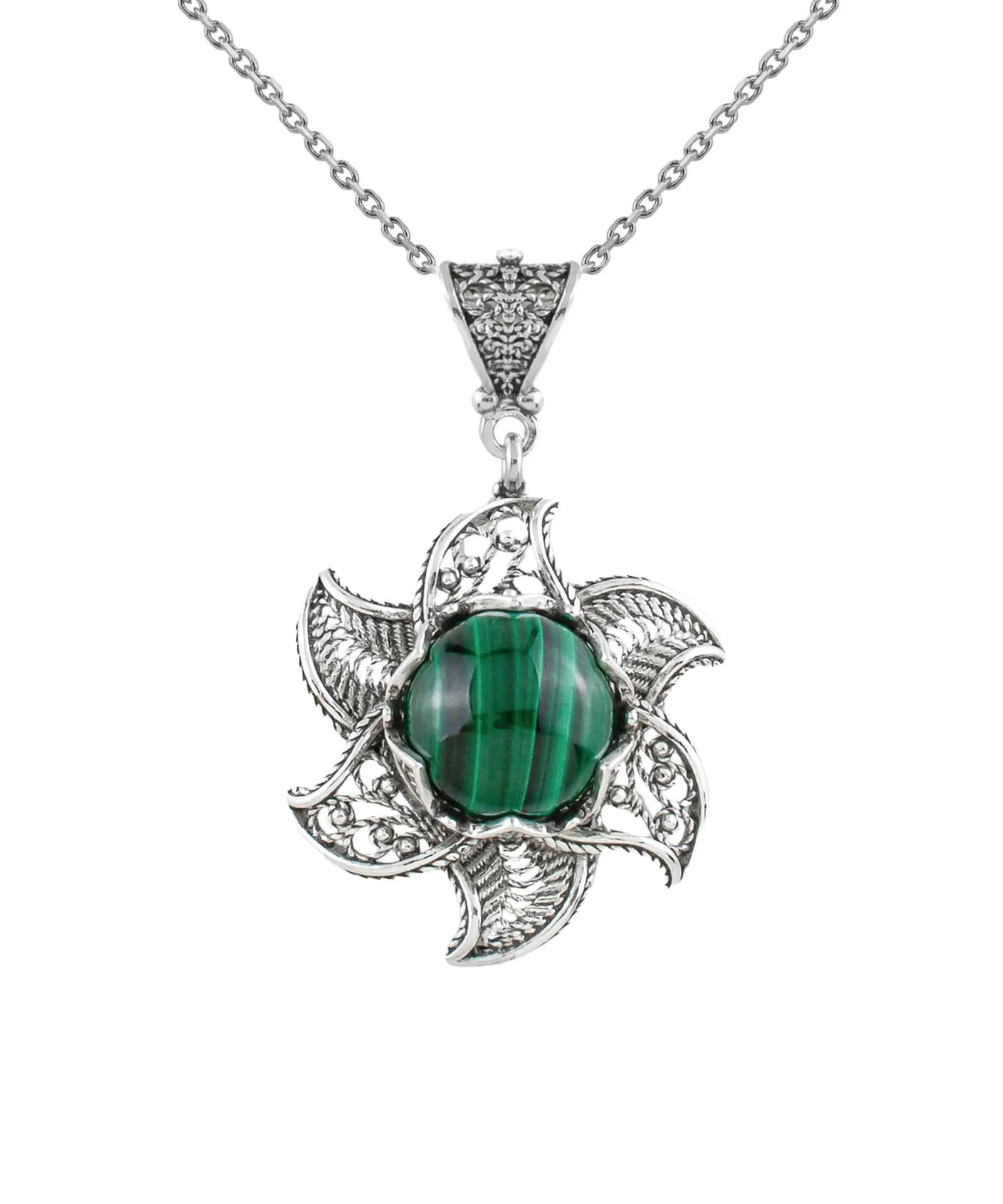 Filigree Malachite Gemstone Blossoming Lotus Flower Pendant Necklace | eBay