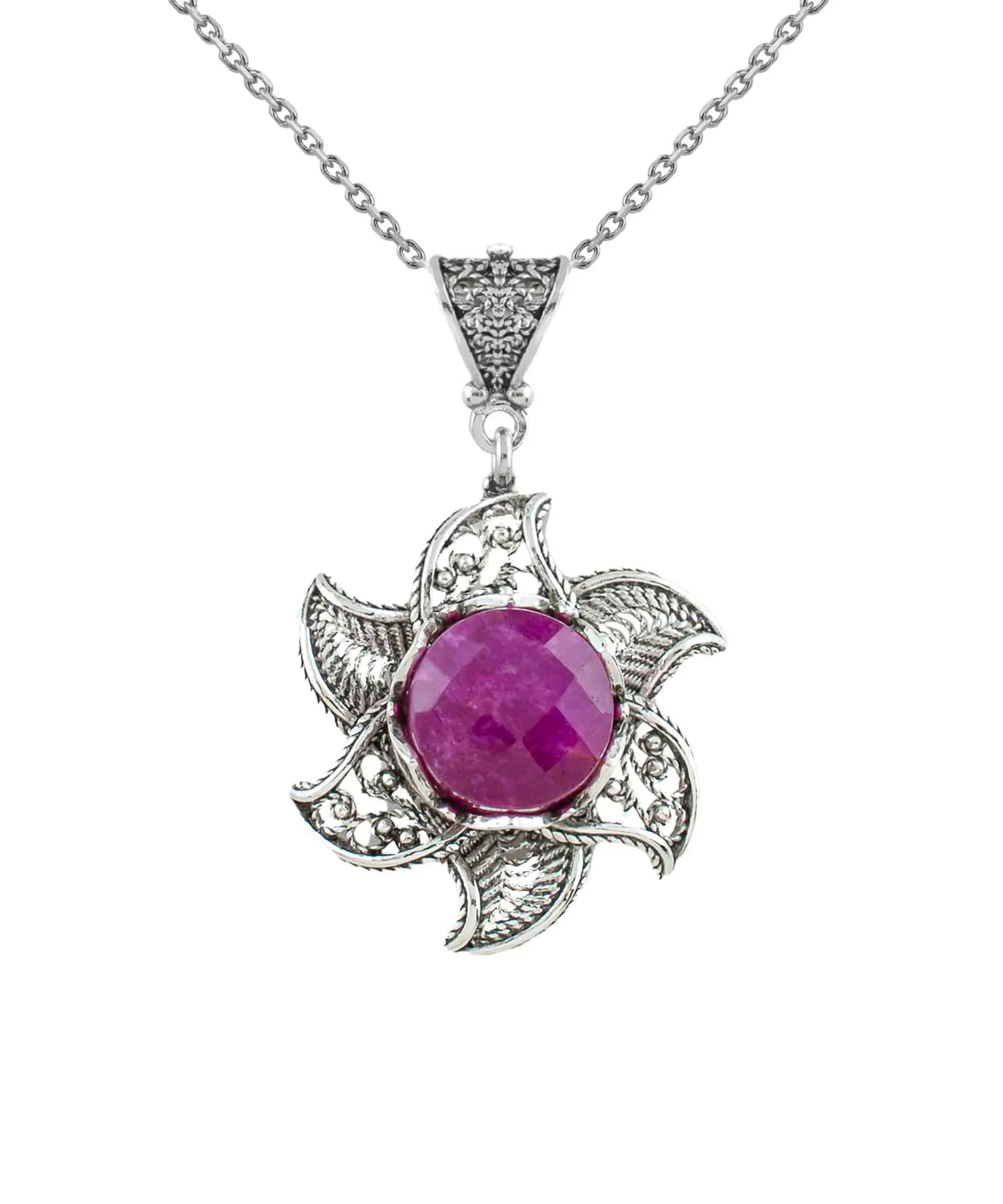 Sterling Silver Filigree Ruby Corundum Gemstone Blossoming Lotus Flower ...
