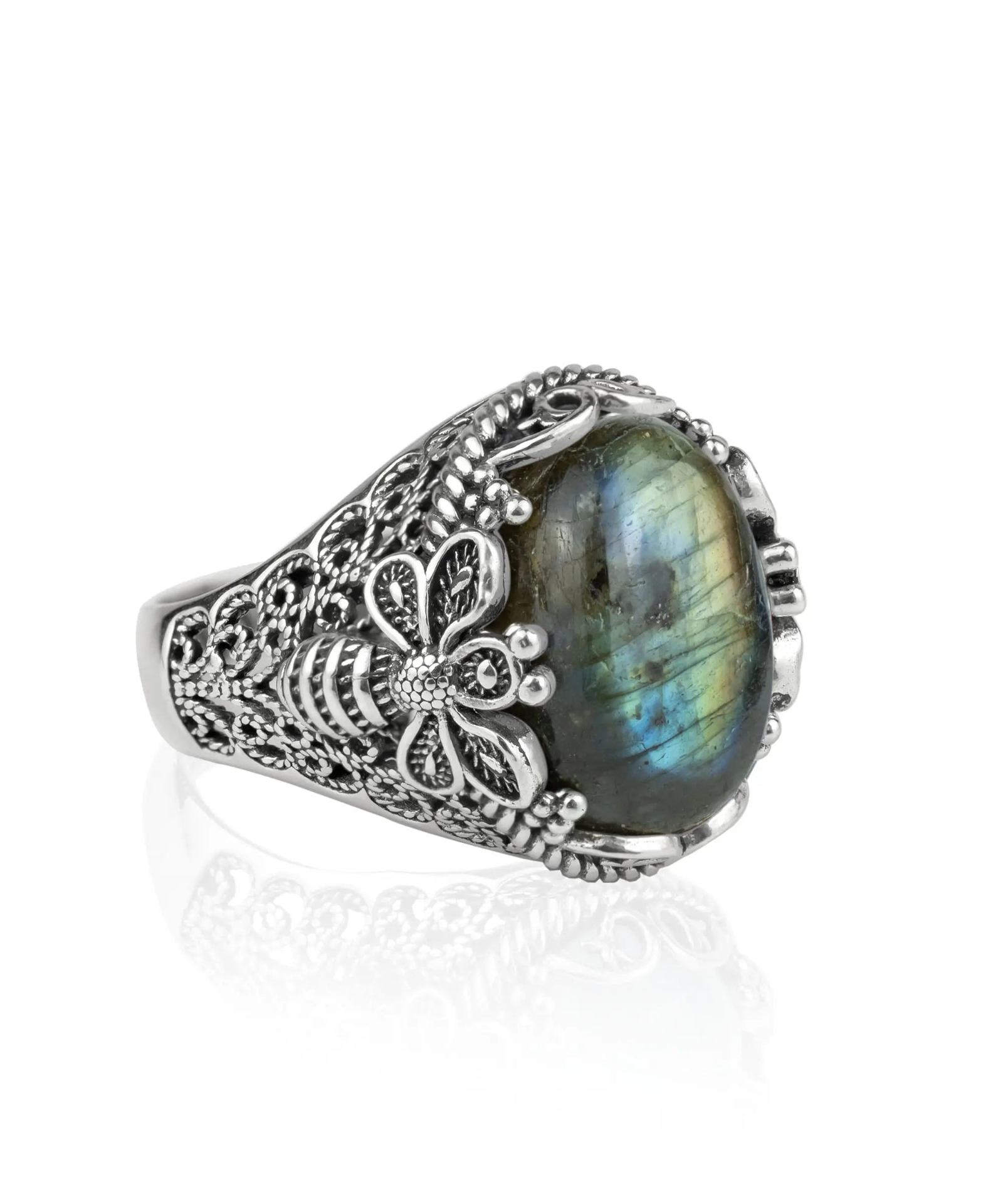 Filigree Art Bee Detailed Labradorite Gemstone Women Silver Statement ...