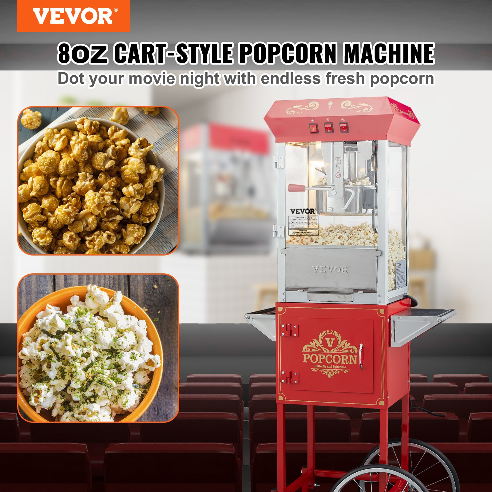 VEVOR Popcorn Popper Machine 8 Oz Popcorn Maker with Cart 850W 48 Cups ...