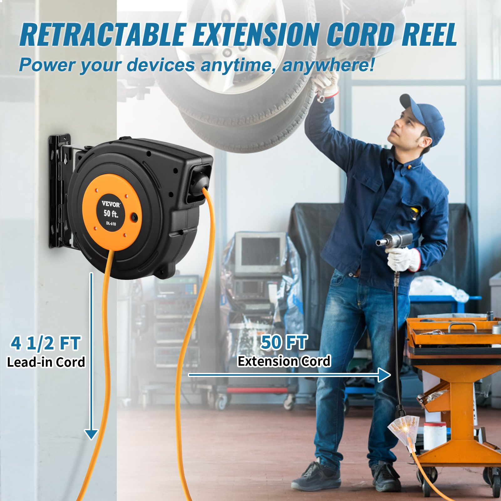 VEVOR 50ft Retractable Extension Cord Reel 14AWG/3CSJTOW Power Cord ...