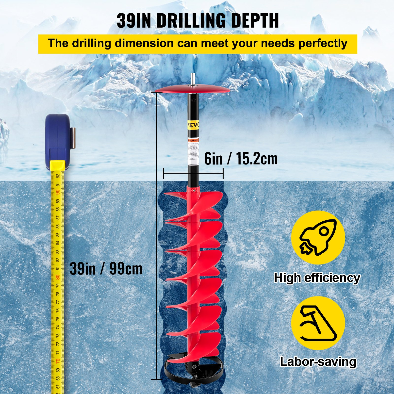 VEVOR Ice Drill Auger, 6" Diameter Nylon Ice Auger, 39" Length Ice ...