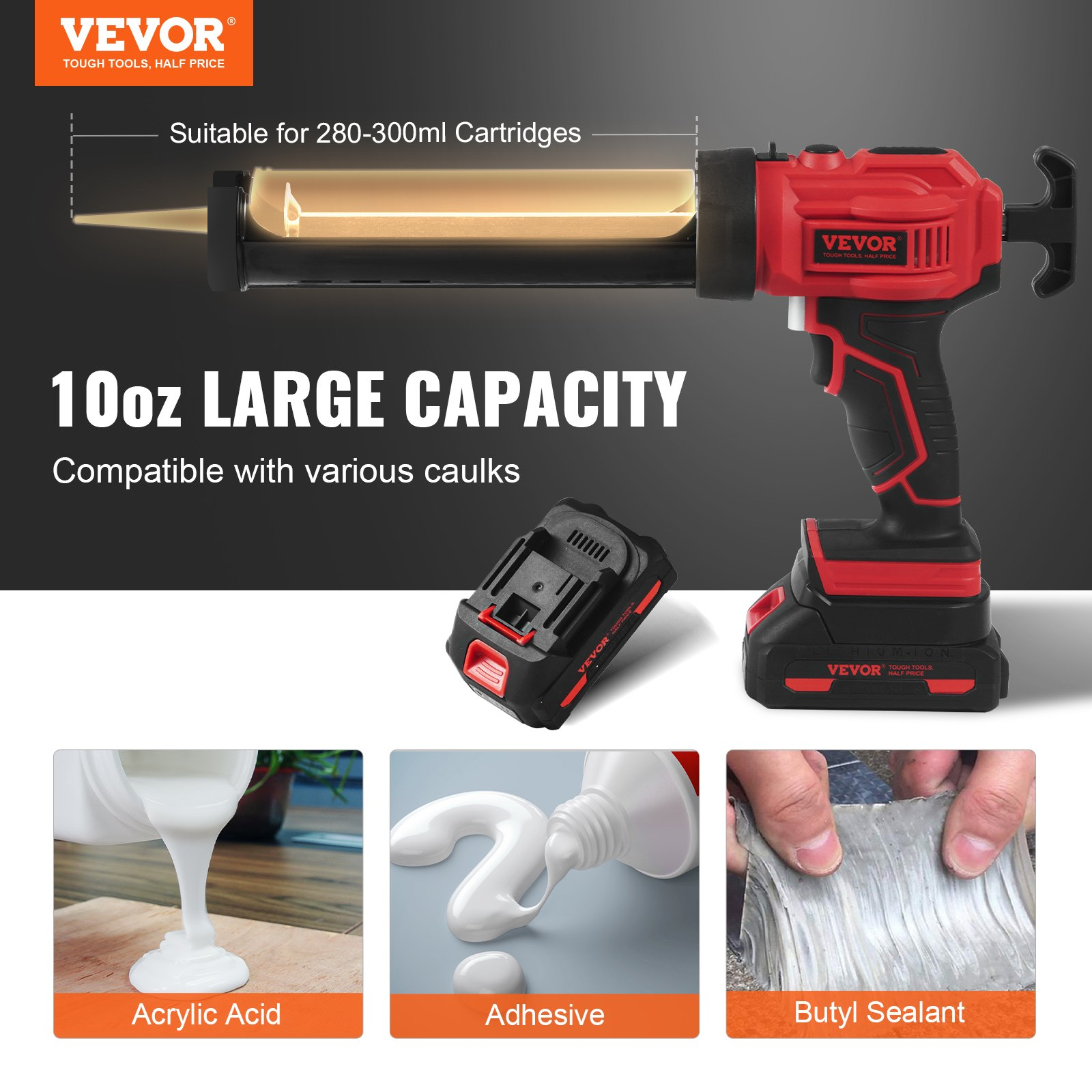 Cordless Caulking Gun 10oz/300ml, 20V Electric Caulking Gun with 4 ...