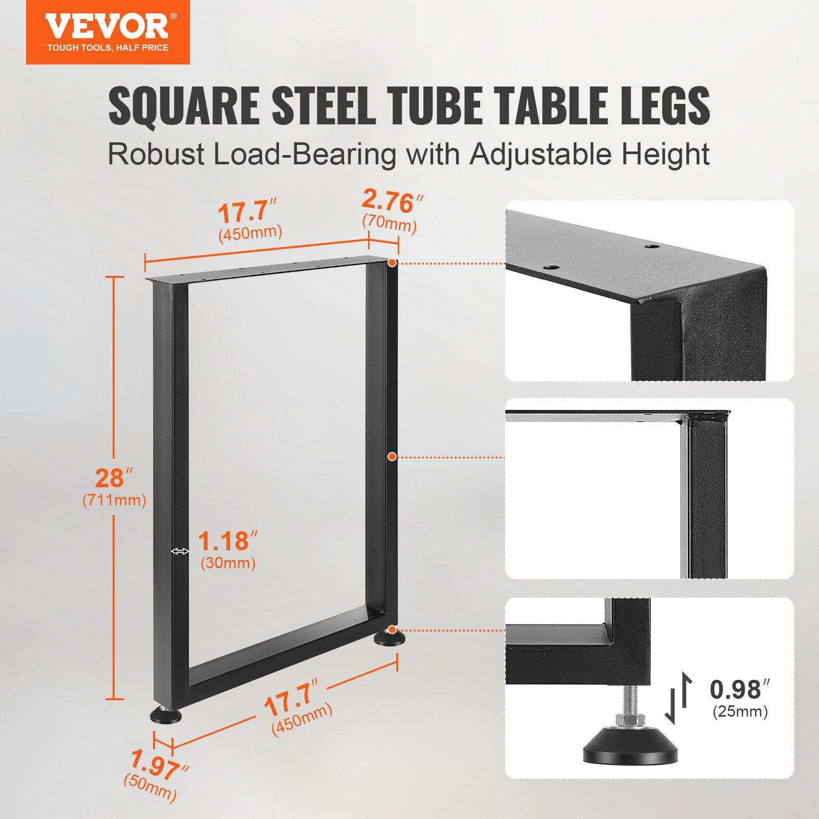 28'' Adjustable Square Steel Table Legs, Set of 2, 1000 lbs Load, DIY ...