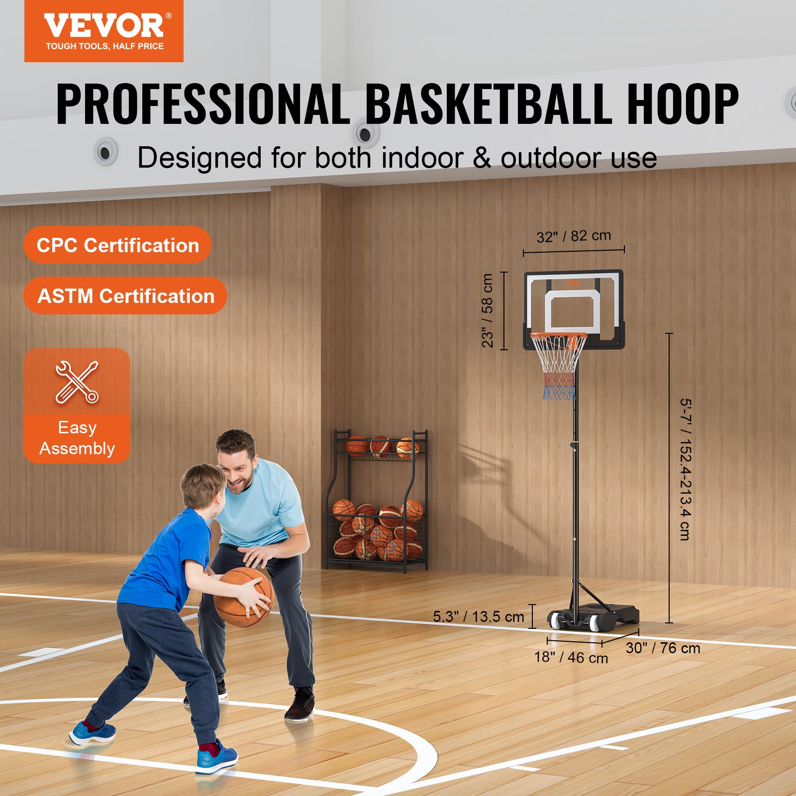 Adjustable Basketball Hoop System, 5-7 ft Height, 32 Inch Backboard ...