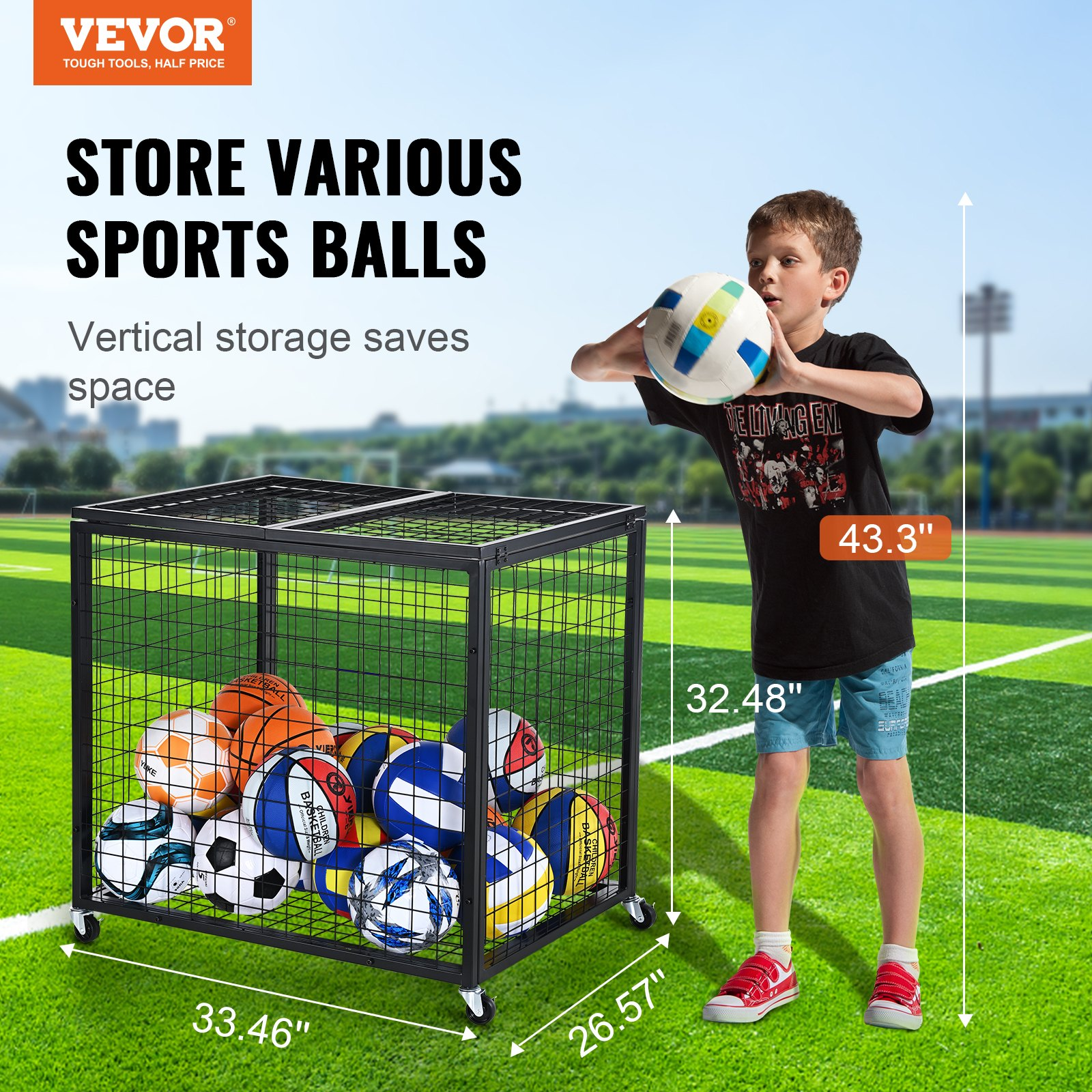 Rolling Sports Ball Storage Cart - Lockable Basketball Cage with Double ...