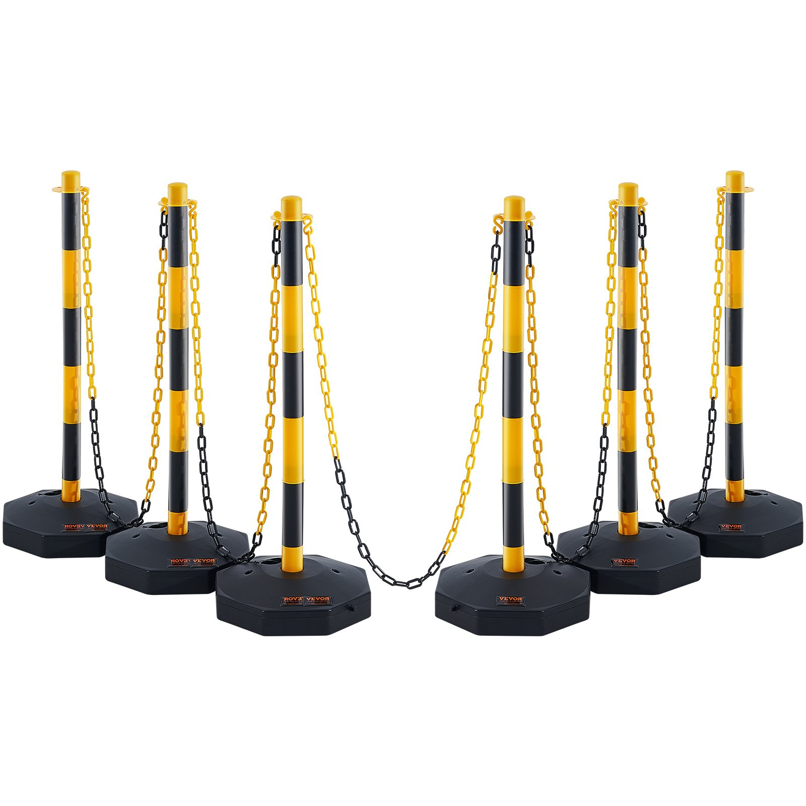 6 Pack Traffic Delineator Posts w/Base & 8FT Chain, Yellow/Black Safety ...