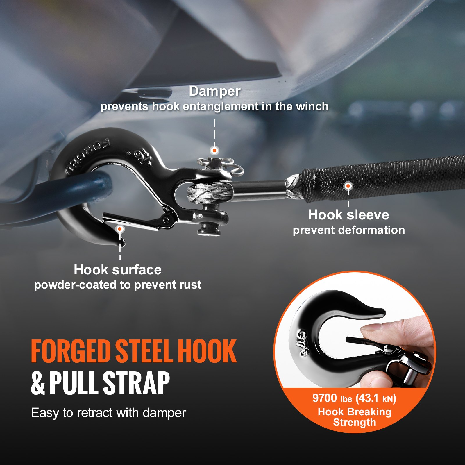 10,000 Lbs Breaking Strength Rope Synthetic Winch Rope Kit 1/4" X 50 ...