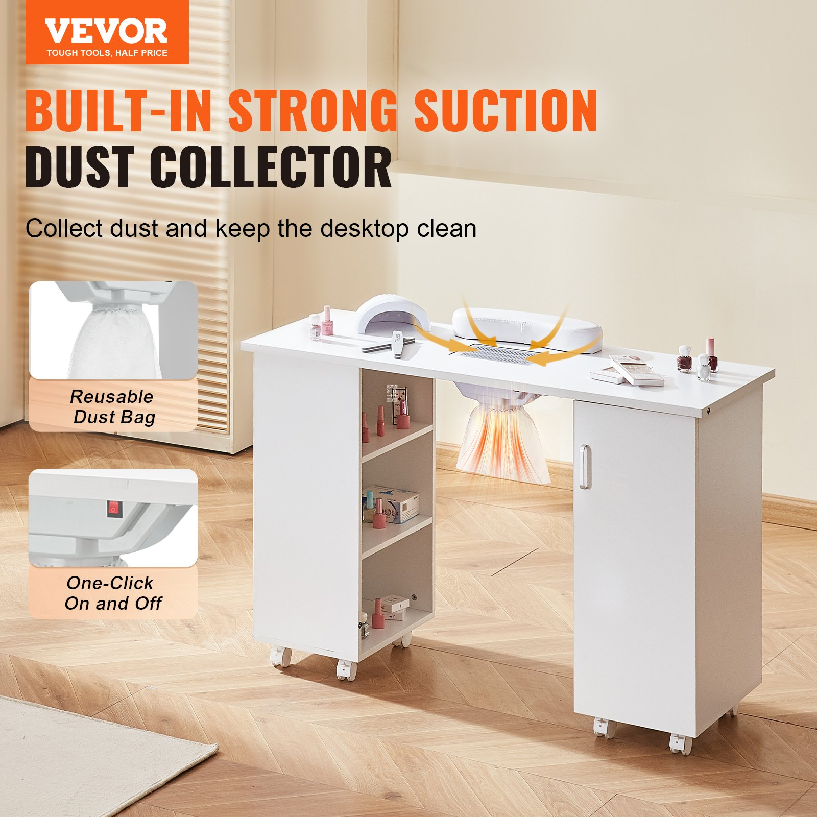 Manicure Table w/Dust Collector - 8-Wheel Mobile Nail Tech Desk w/3 ...