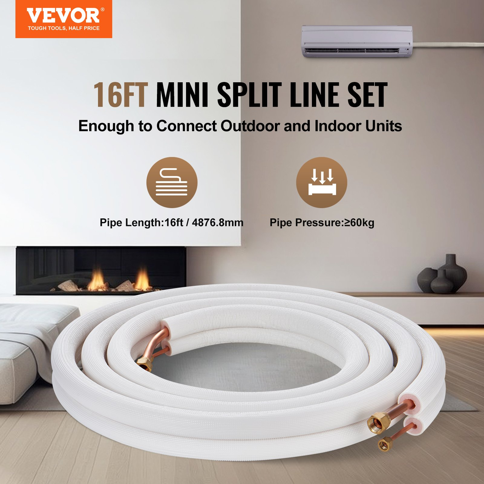 16FT Mini Split Line Set, 1/4" & 1/2" O.D Copper Pipes Tubing and ...