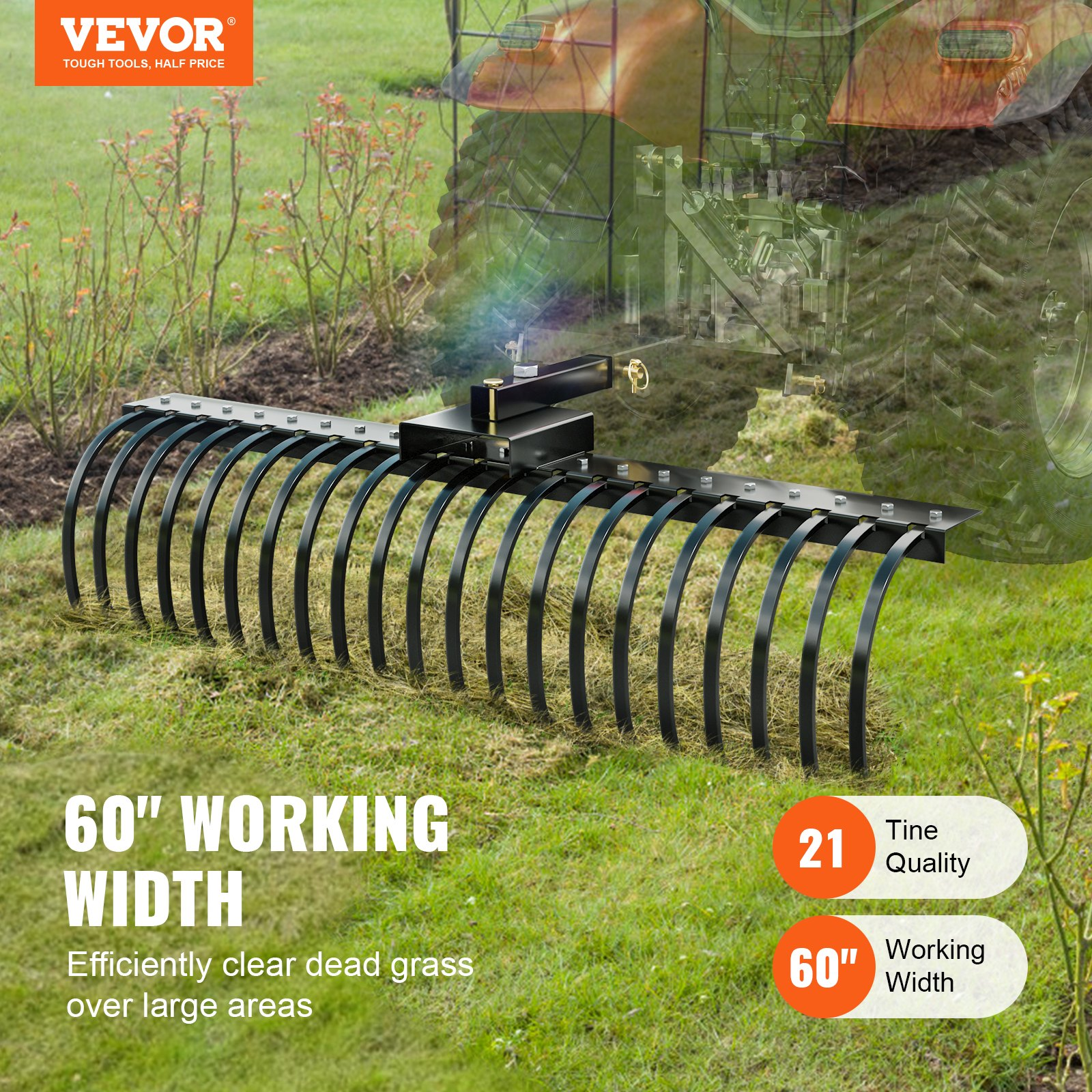 60" Tow-Behind Landscape Rake 21 Steel Tines Fits 48"/60" Toolbars 3 ...