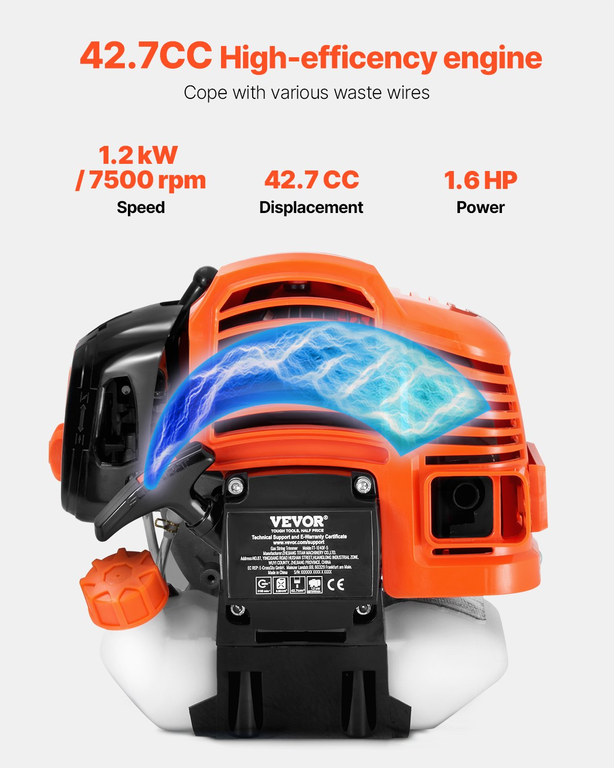 Cordless String Trimmer 16.9" 42.7CC 2-Stroke Gas Powered Grass Trimmer ...