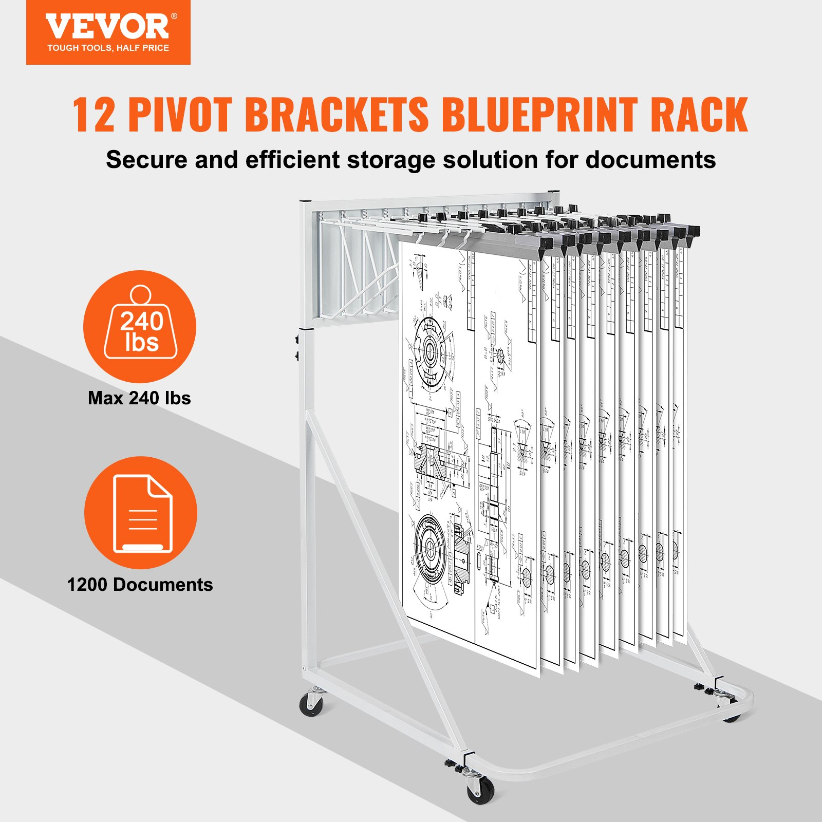 VEVOR Mobile Blueprint Storage Rack Plan Holder with 12 Pivot Brackets ...