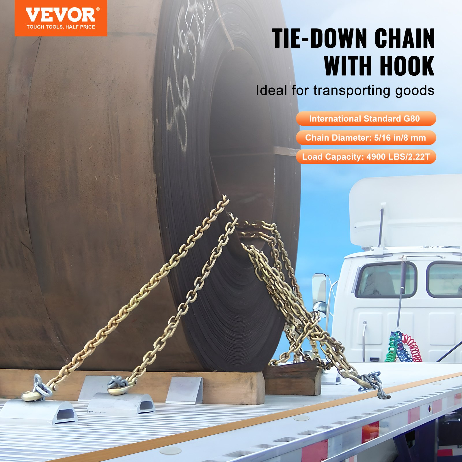 VEVOR Binder Chain G80 Tie Down Tow Chain with Two Hooks 5/16" x 14.2 ...