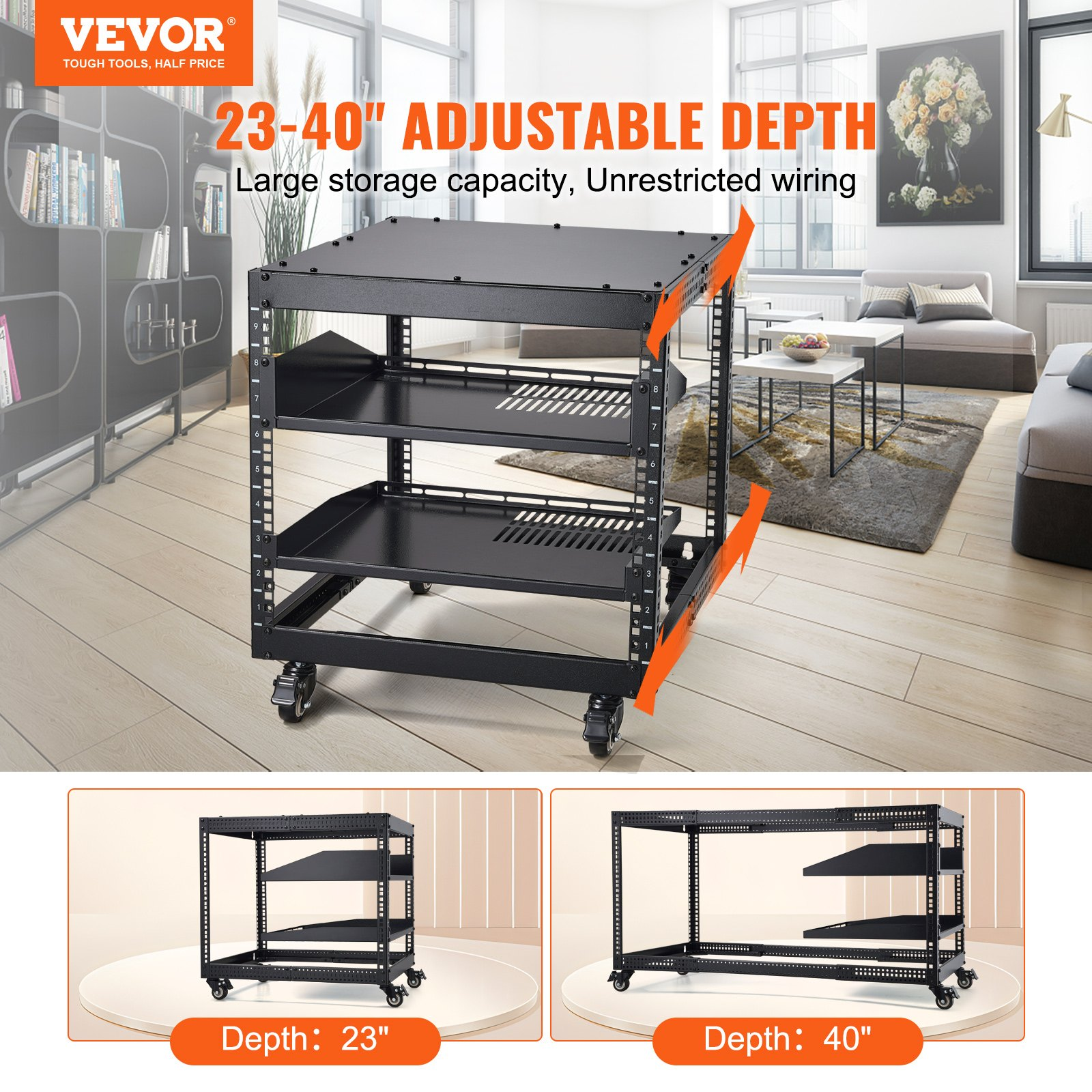 9U Open Frame Server Rack, 23''-40'' Adjustable Depth, Free Standing or ...
