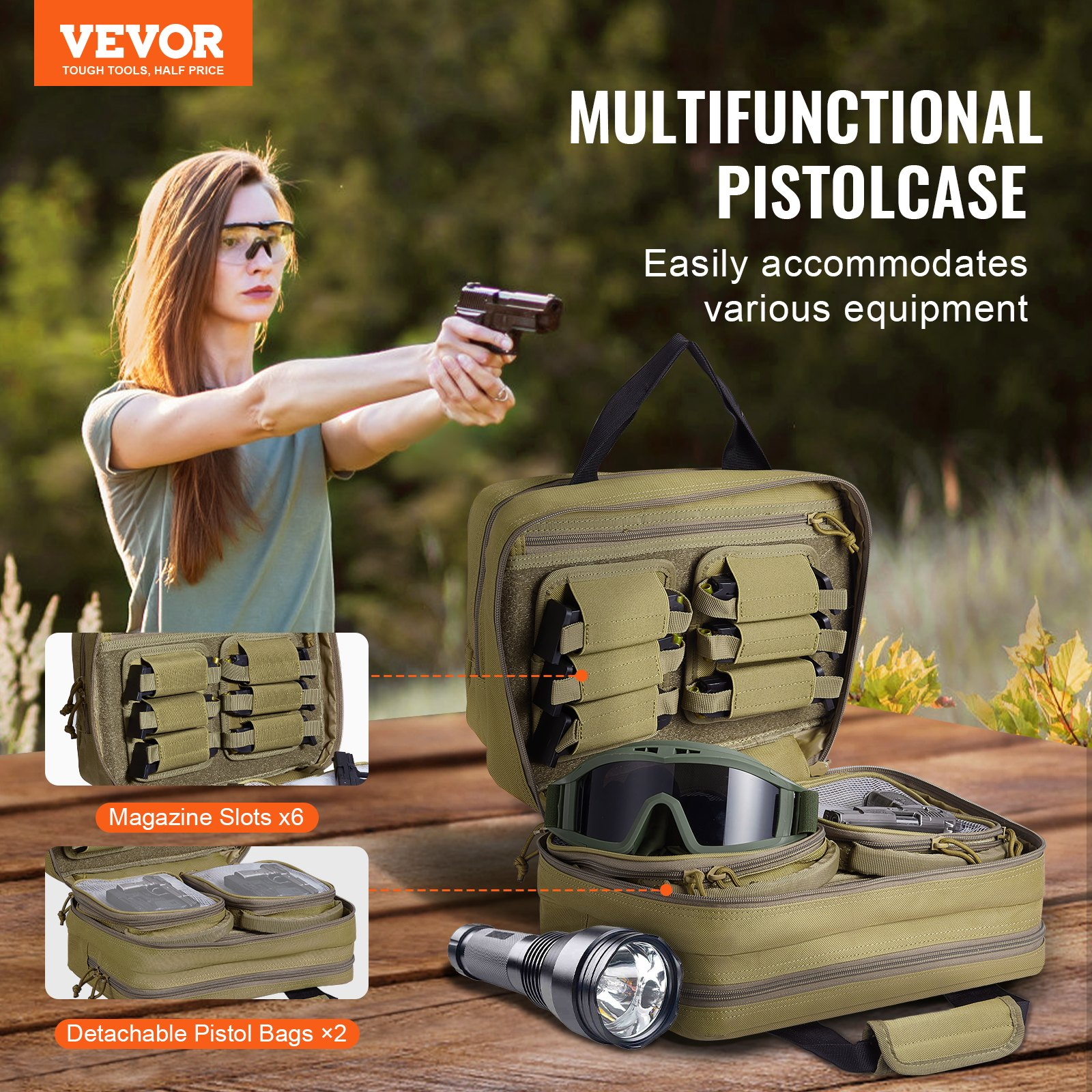 Tactical Range Bag for 2 Pistols, Brown Gun Case w/ Lockable Zipper for ...