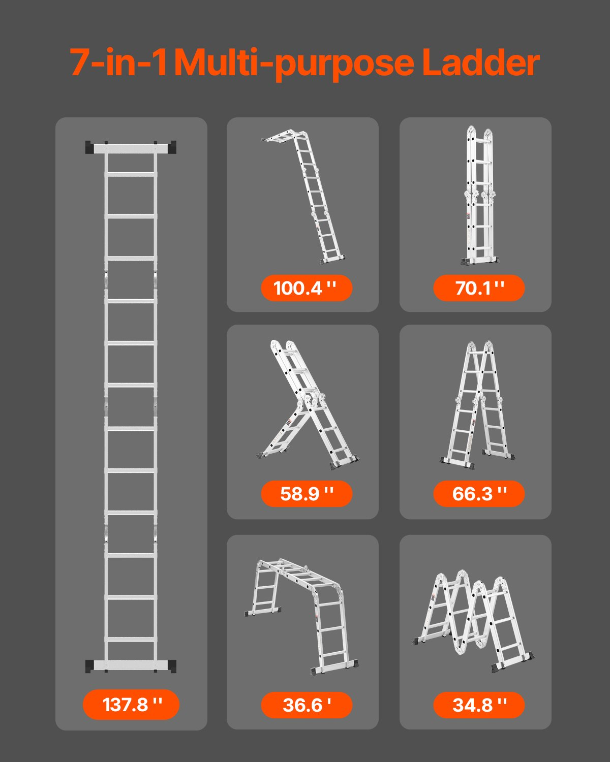 Multi-Purpose Folding Ladder 7-in-1 3 Step 12ft Reach Height for Work ...