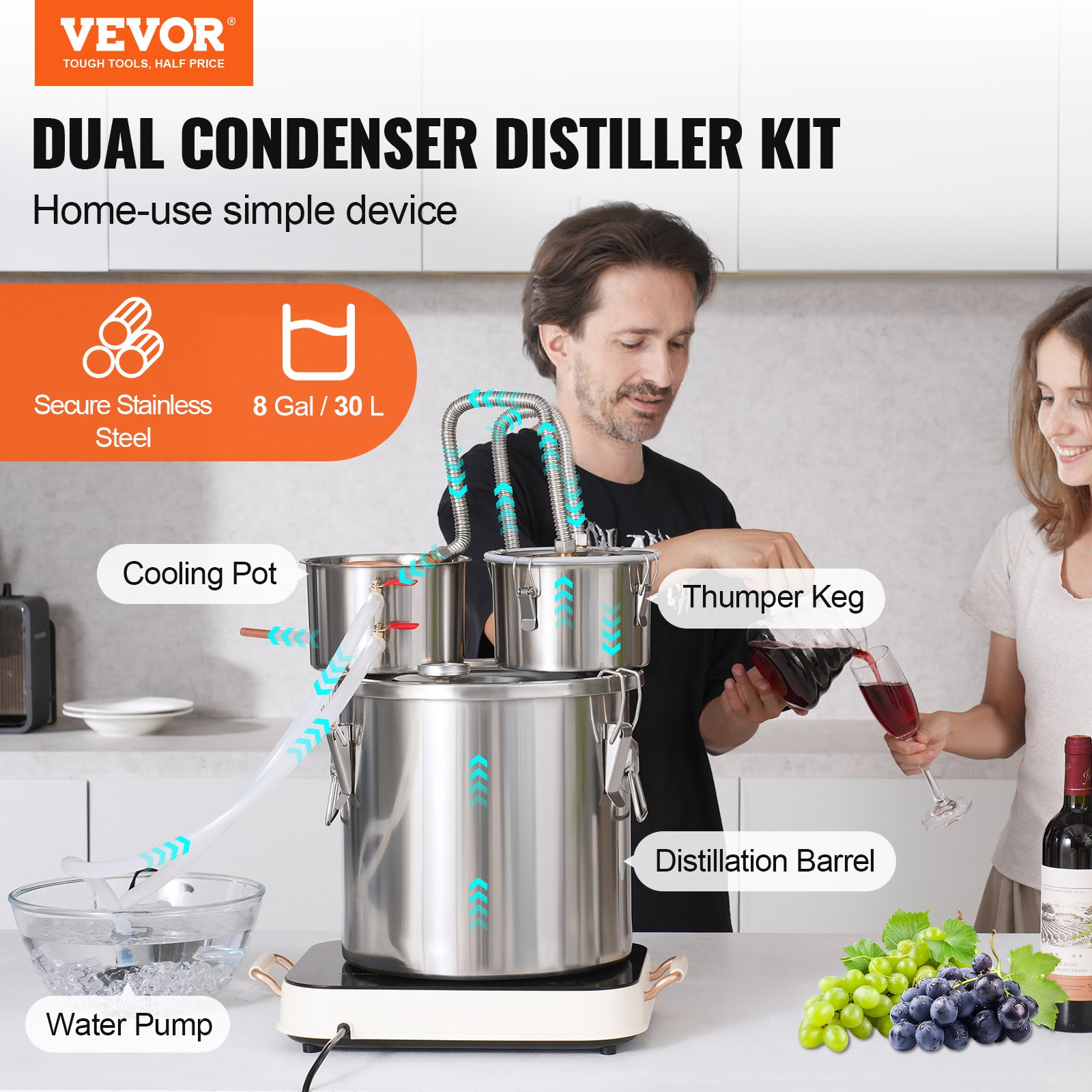 Moonshine Still Water Alcohol Distiller 8Gal w/Thumper Keg & 8W Water ...