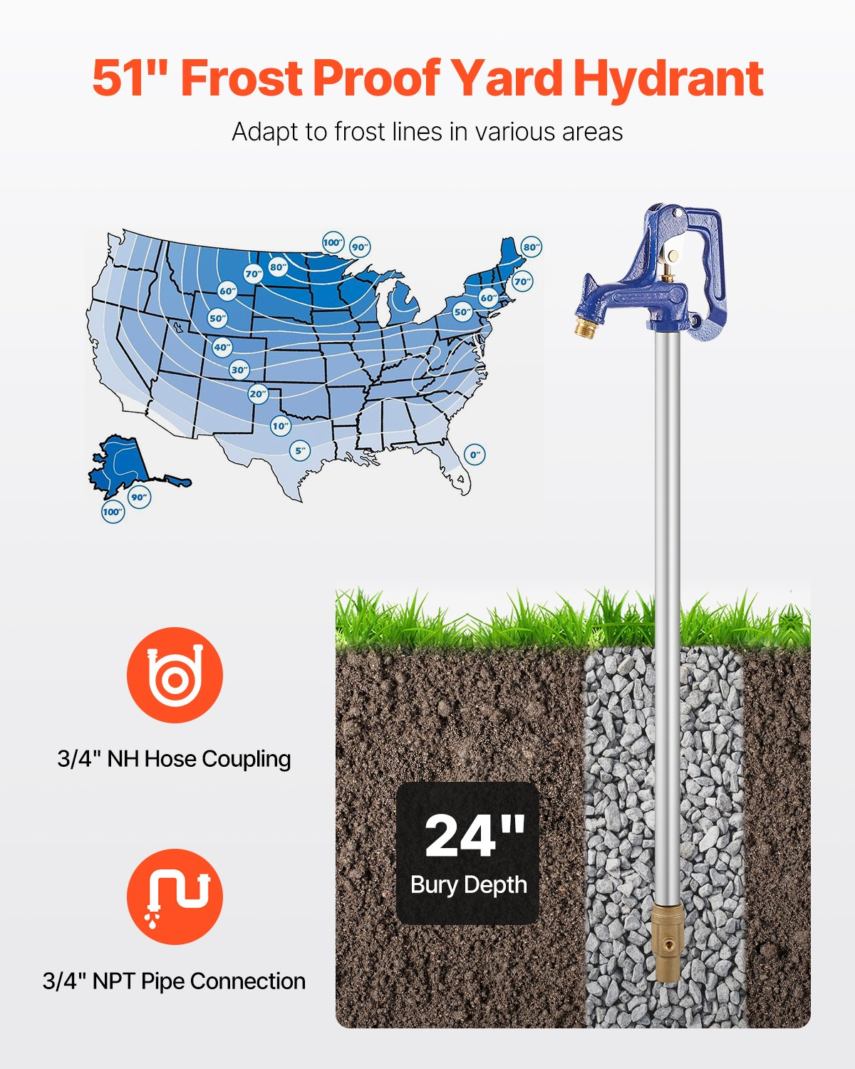 Frost Proof Yard Hydrant 51'' Length 24" Bury Depth Heavy-Duty Cast ...