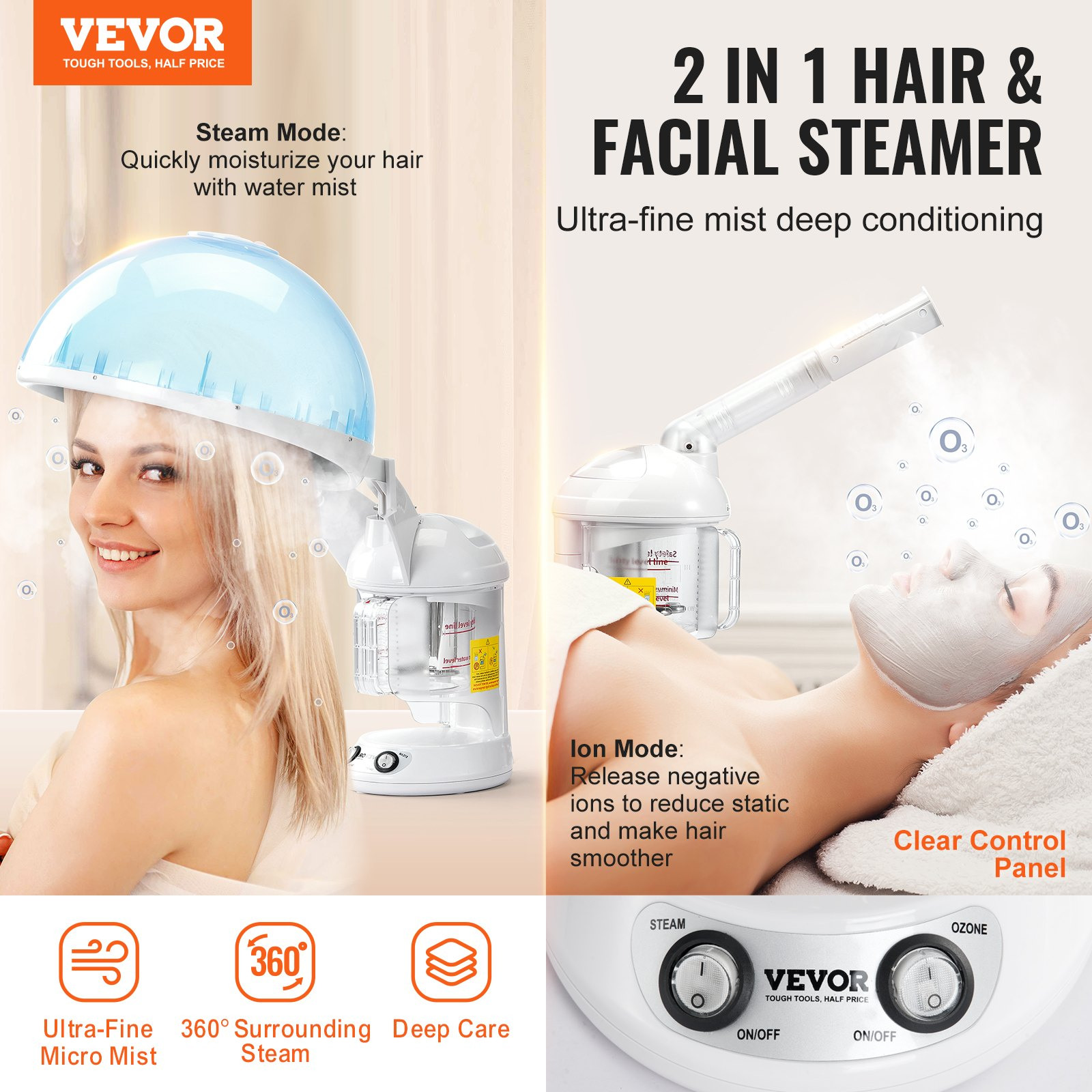 2 in 1 Hair & Facial Steamer Professional Hair Steamer with Bonnet Hood ...