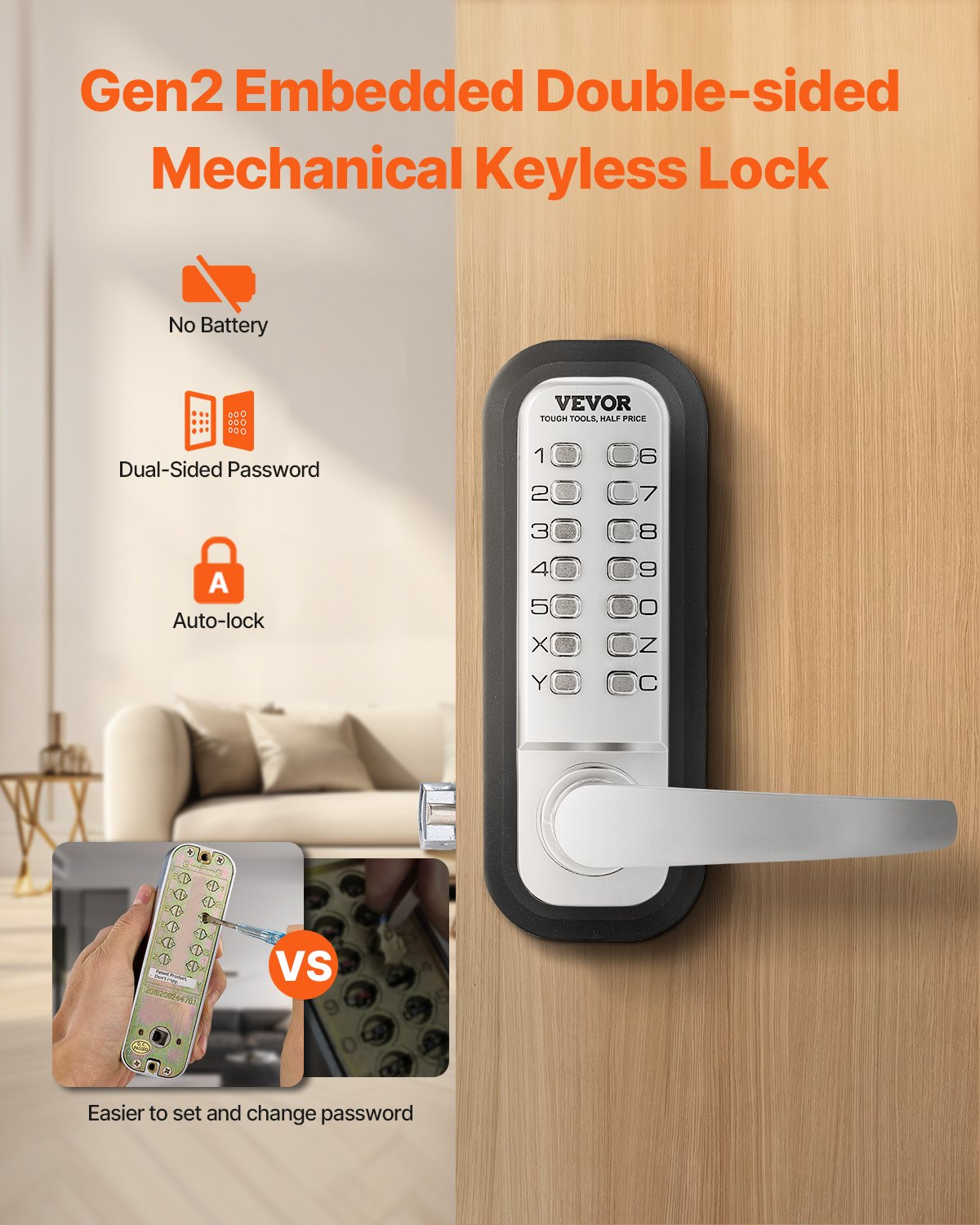 Mechanical Keyless Entry Door Lock, 14 Key Mechanical Door Lock, Sliver ...
