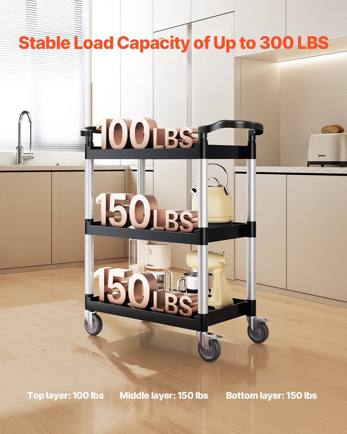 Heavy Duty Utility Cart 300 lbs Capacity 3-tier Service Cart with ...