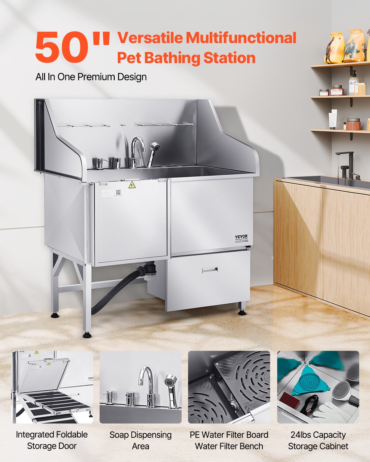 50" Stainless Dog Washing Station Grooming Tub w/ Ramp Faucet (Left ...