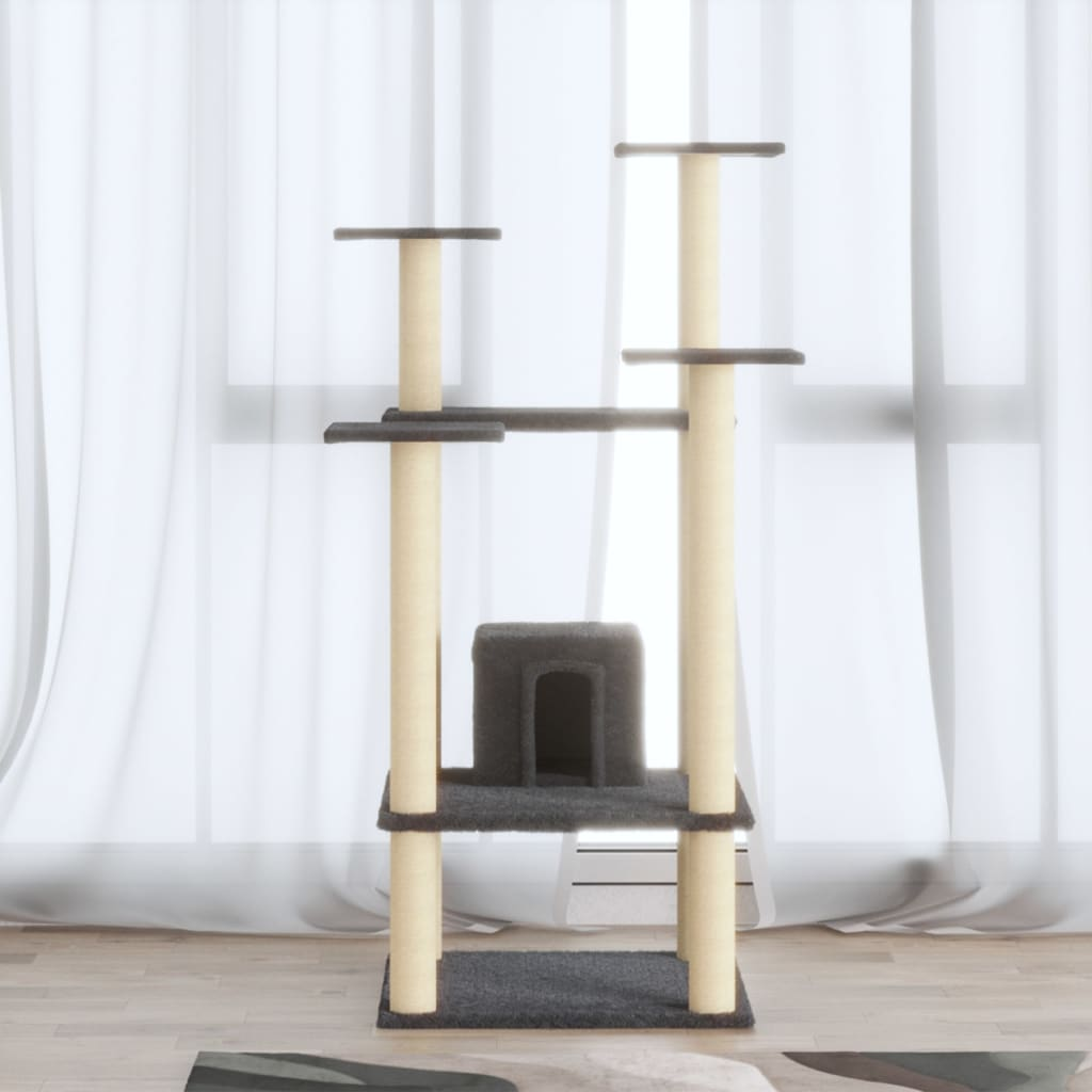vidaXL Cat Tree Dark Grey Engineered wood, plush, sisal Large Stackable ...