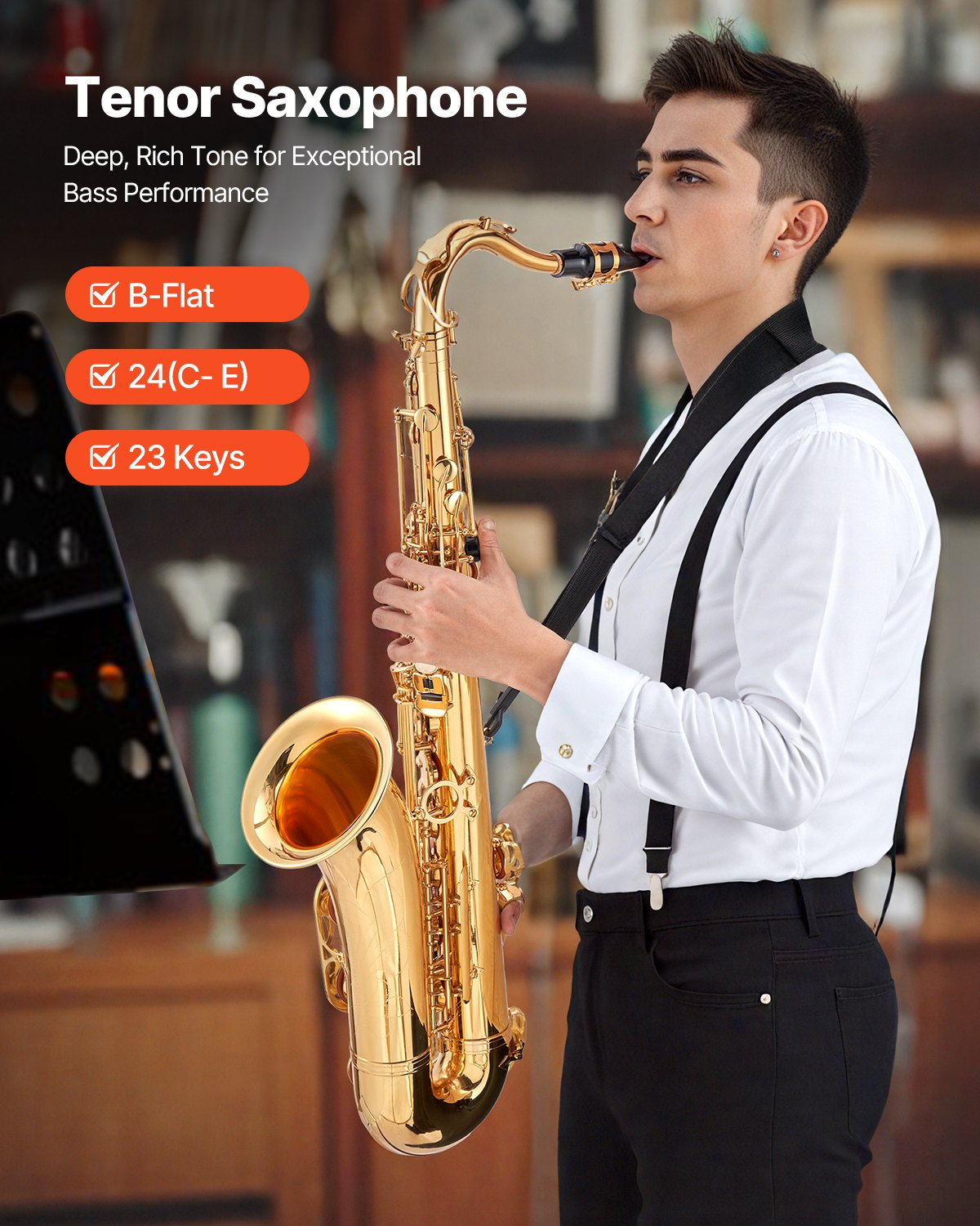 Gold Brass Tenor Saxophone B Flat Sax Beginner Kit with Case Straps ...