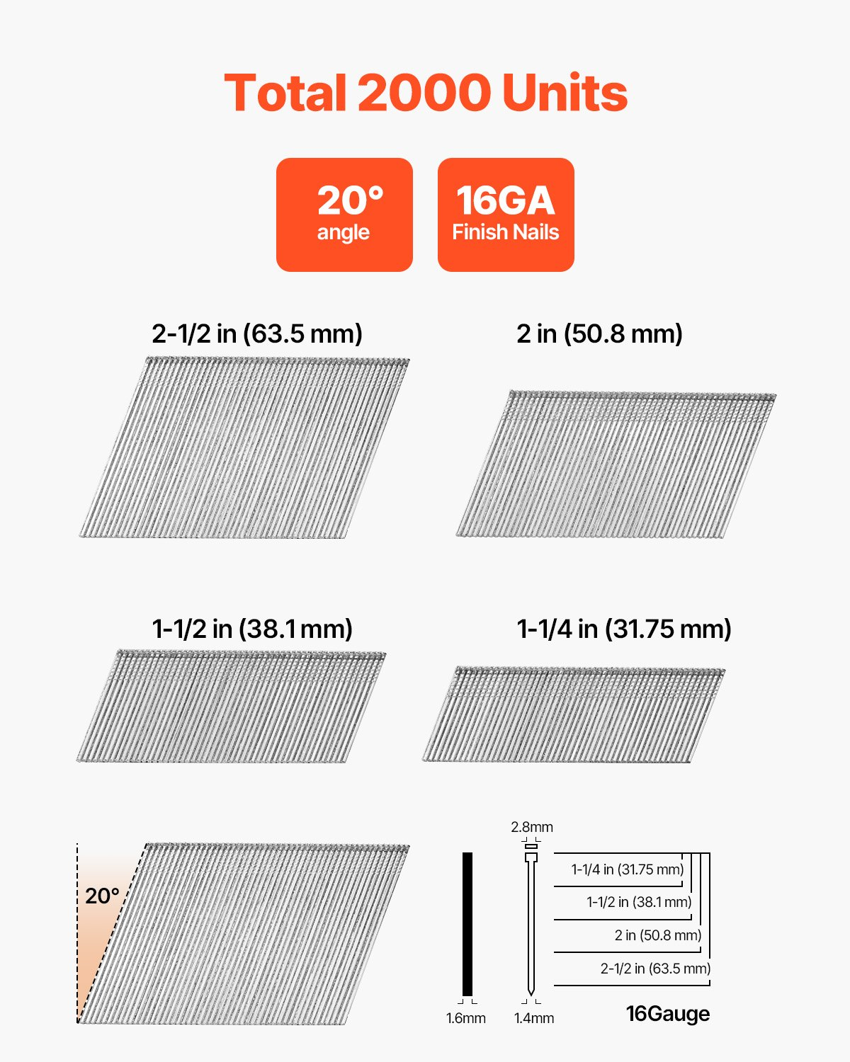 16 Gauge Finish Nails, for 16GA 20° Angled Finish Nailers | eBay