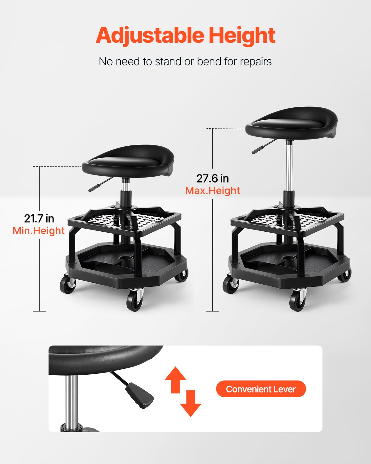 Rolling Shop Stool Adjustable Height Garage Seat 300 lbs Load with ...