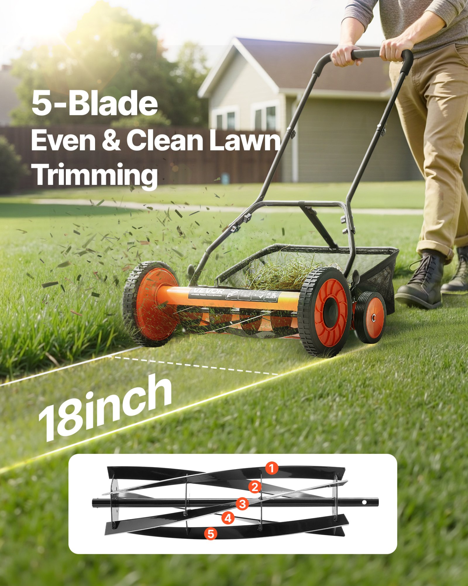 18" Manual Push Reel Lawn Mower 5-Blade Adjustable Height Grass Catcher ...