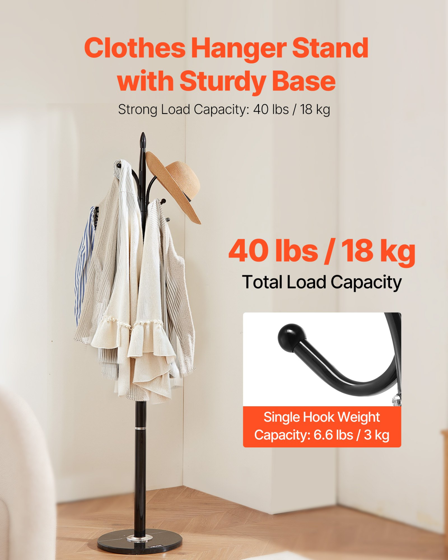 Freestanding Coat Rack Coats Tree Stand with Stable Marble Base & 6 ...