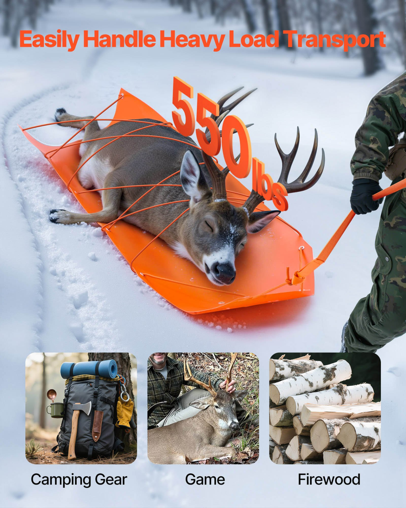 Deer Drag Sled 72.8 x 22.8 in 550lbs Multi Use PE Yard Utility Sled for ...