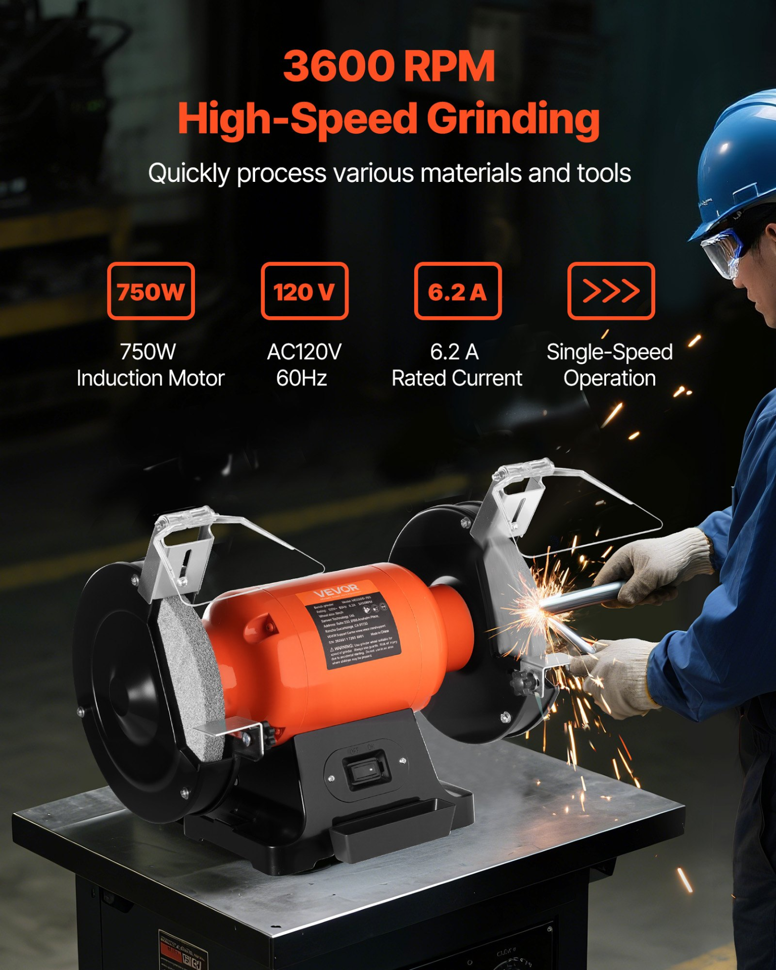 Bench Grinder 8-inch Bench Grinder 750W 3450RPM High-Speed Table ...