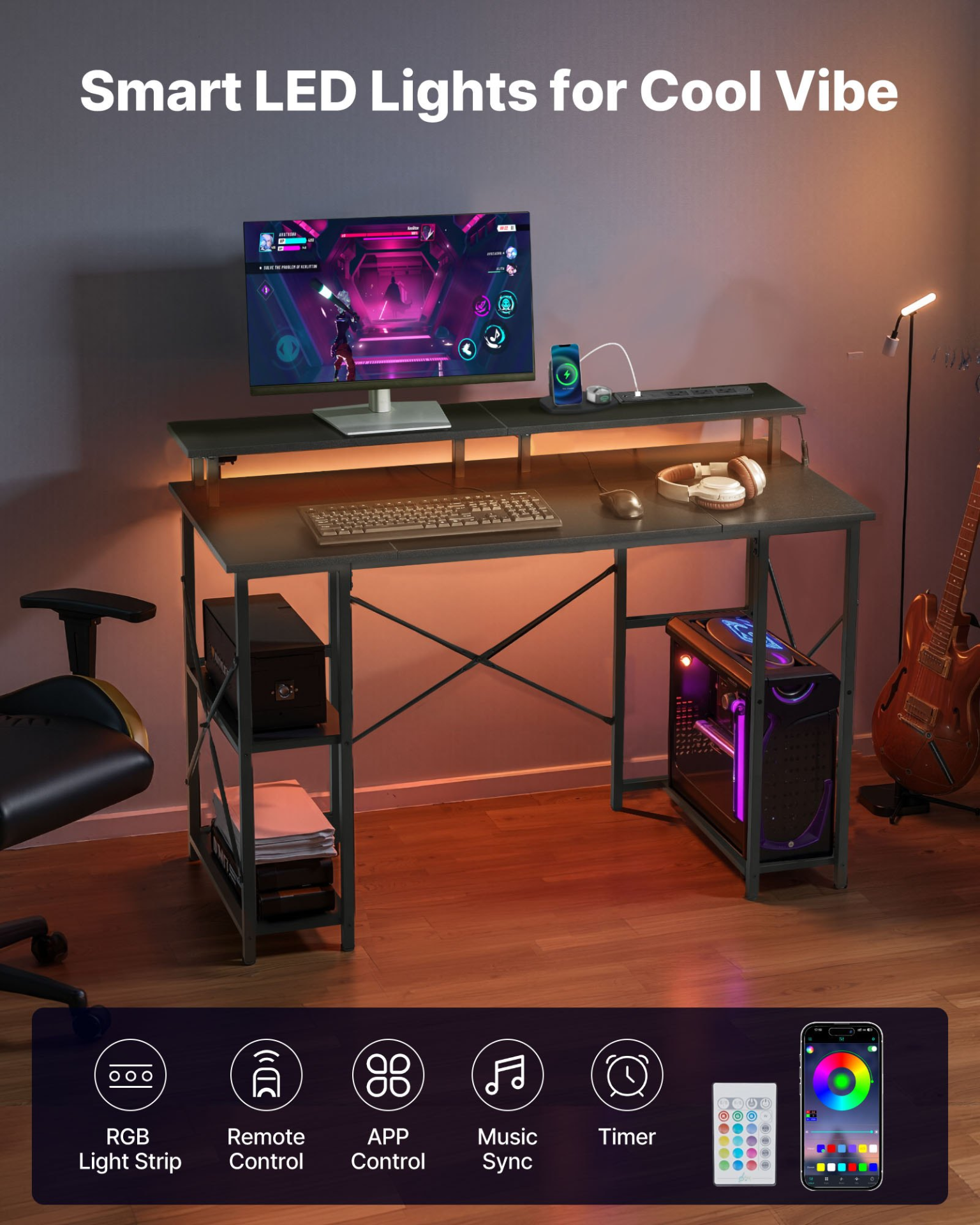 47 inch Computer Desk with Smart LED Light Power Outlets Reversible ...