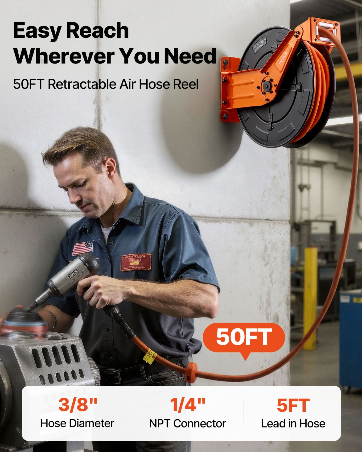 Retractable Air Hose Reel, Ceiling/Wall Mount Heavy Duty Steel Double ...