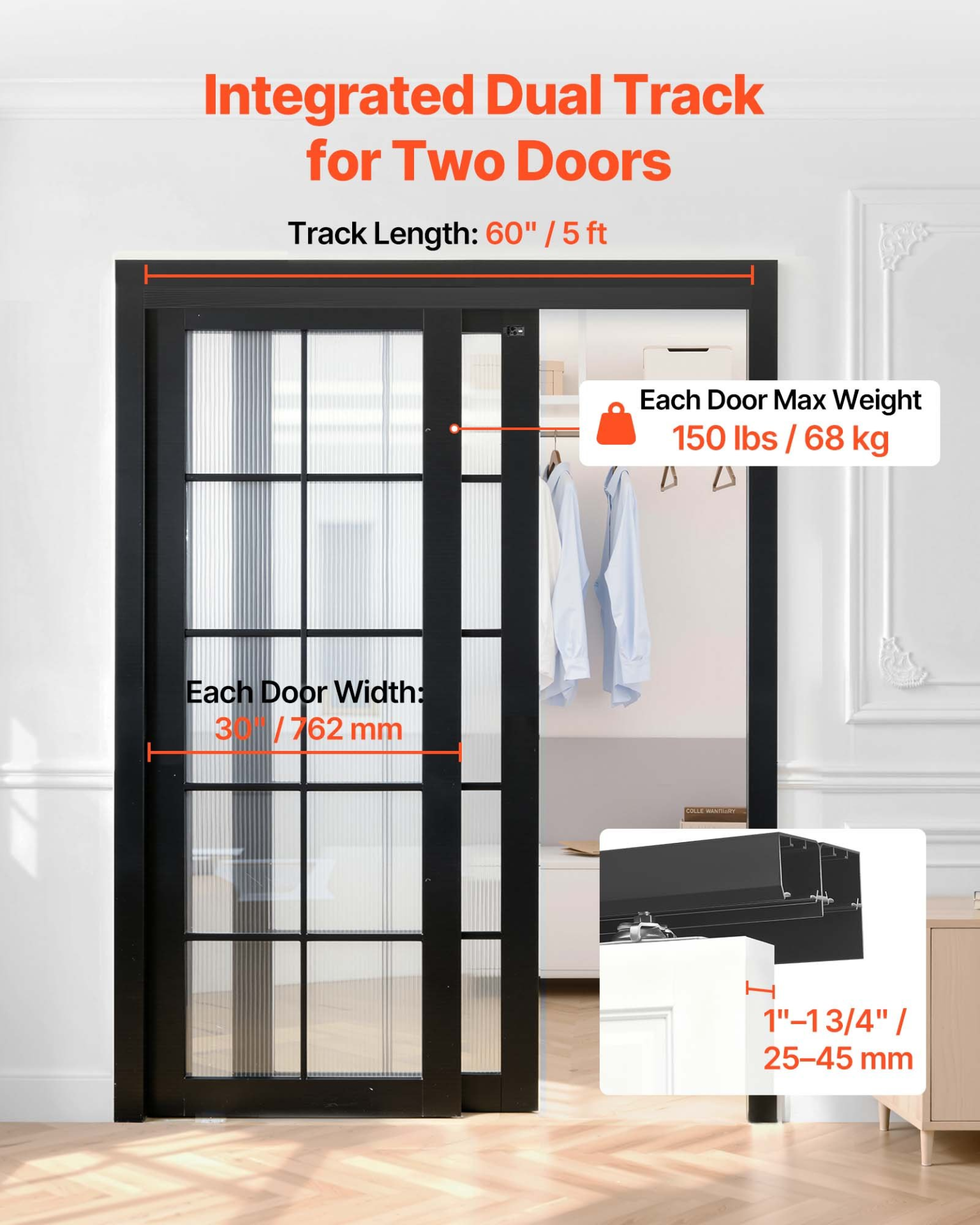 5ft Bypass Sliding Door Hardware Kit Dual Track for 30in 2 Door Closet ...