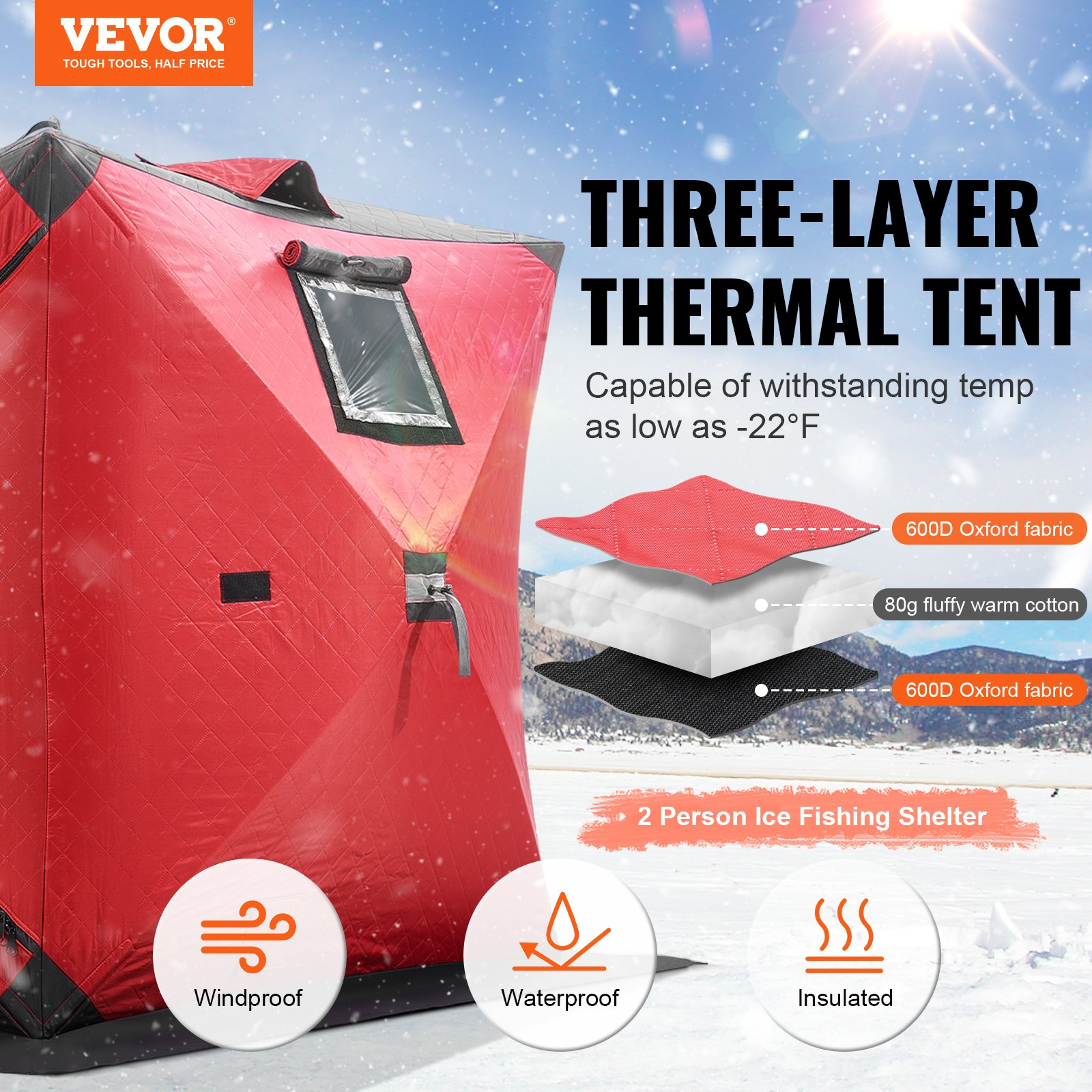 VEVOR 1-2 Person Ourdoor Portable Ice Shelter Pop-Up Ice Fishing Shanty ...
