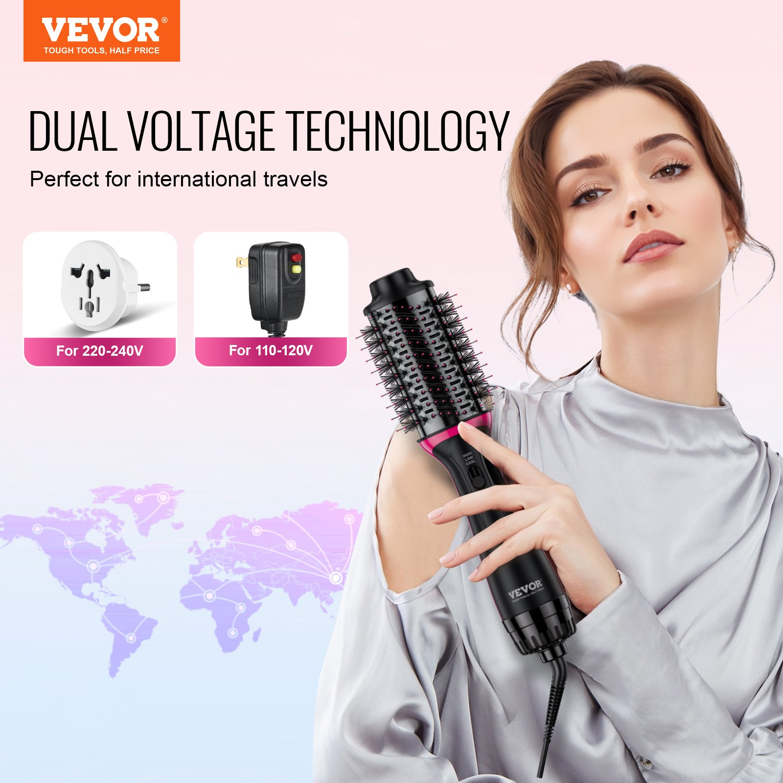 VEVOR Hair Blow Dryer Brush Dual Voltage Hot Air Styler with 2.56" Oval ...