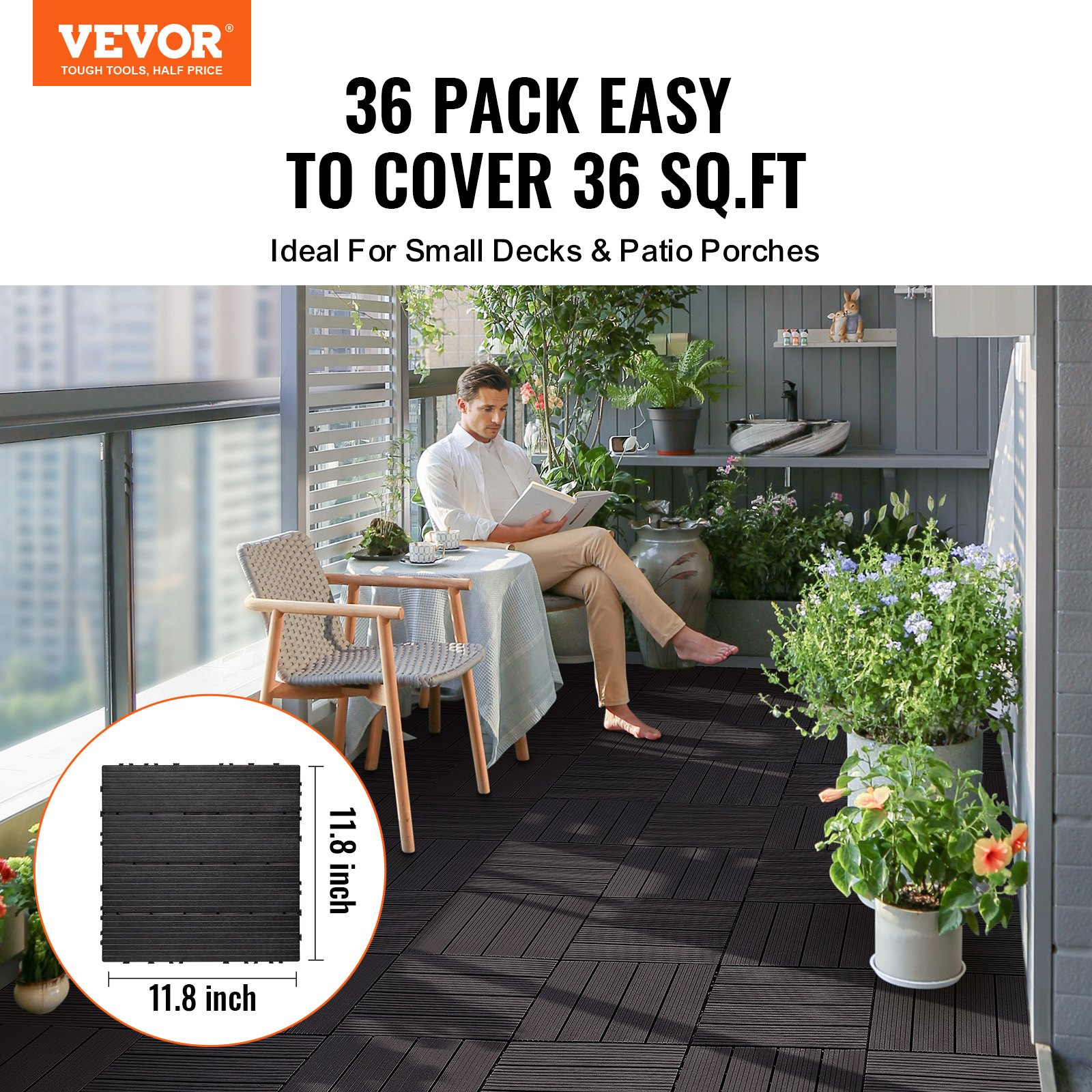VEVOR Interlocking Deck Tiles 36 Pack 12"x12" Waterproof for Porch Dark ...