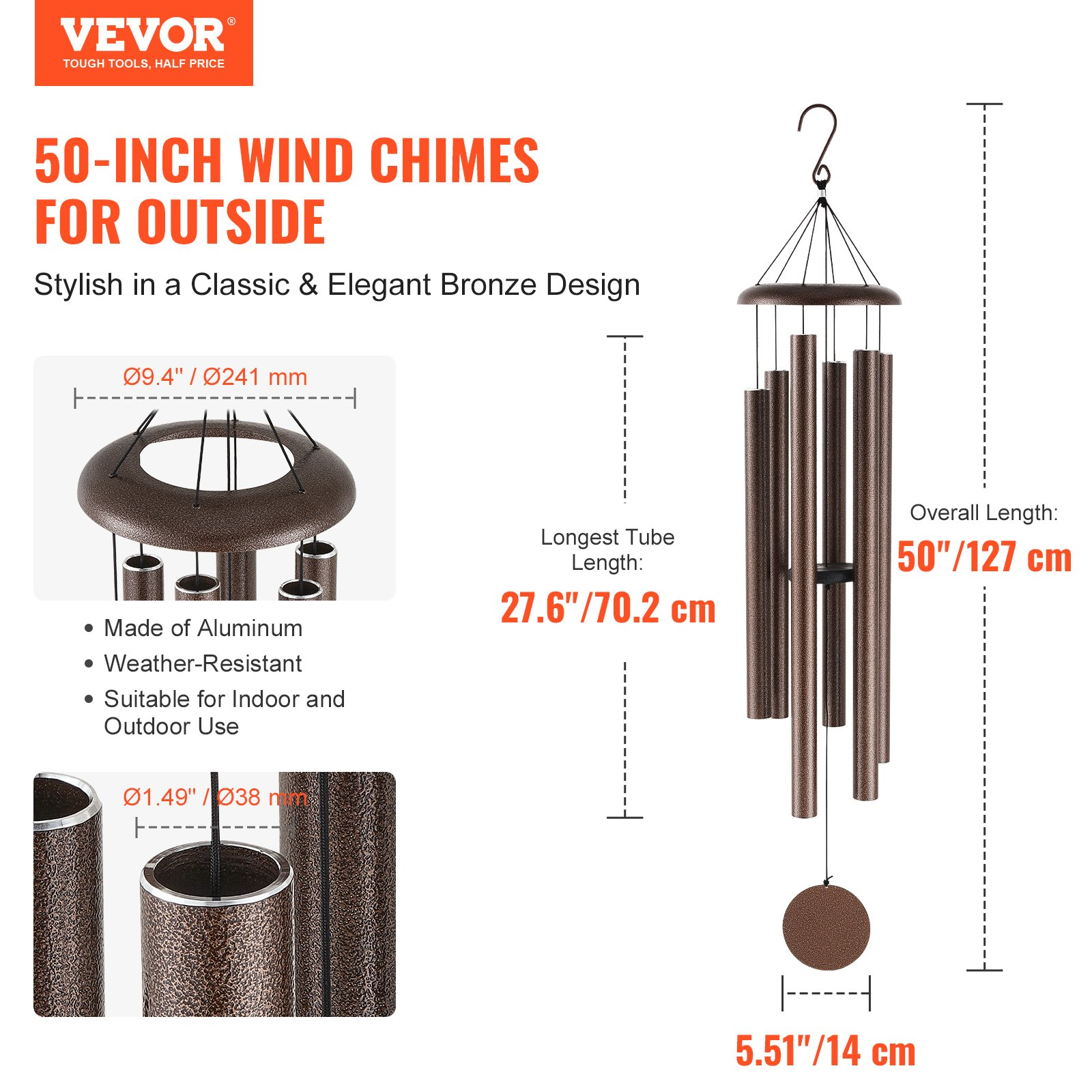 VEVOR Wind Chimes for Outside 50-Inch Aluminum Memorial Deep Tone Wind ...
