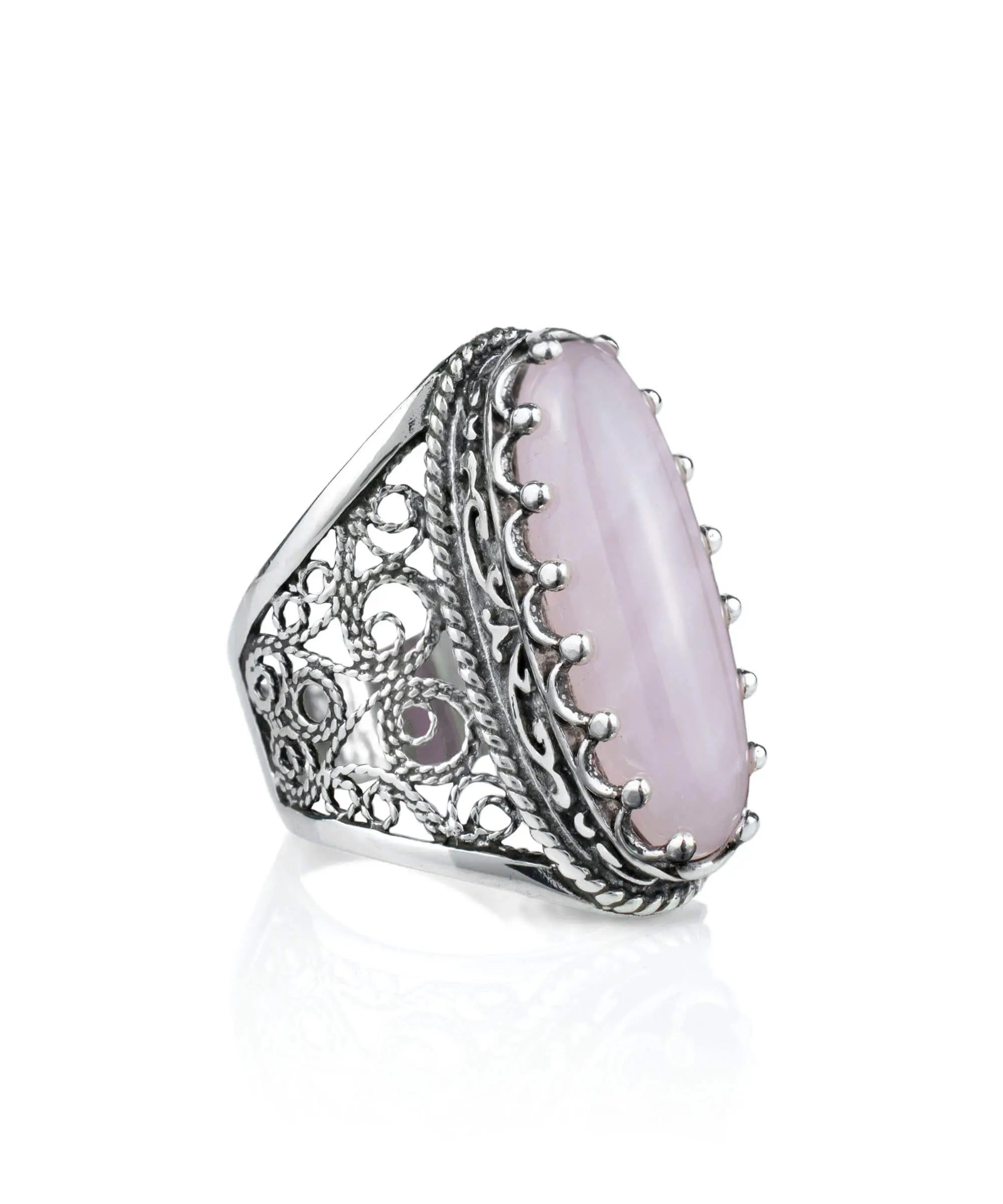 Filigree Art Rose Quartz Gemstone Women Silver Long Statement Ring | eBay