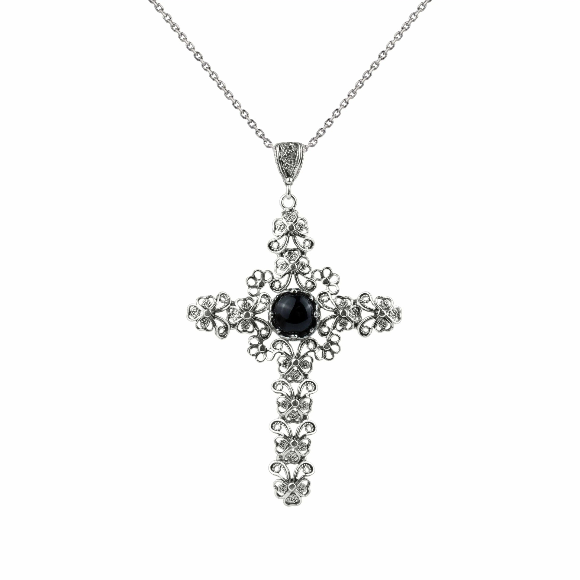 Filigree Art Black Onyx Gemstone Silver Cross Design Women Pendant ...