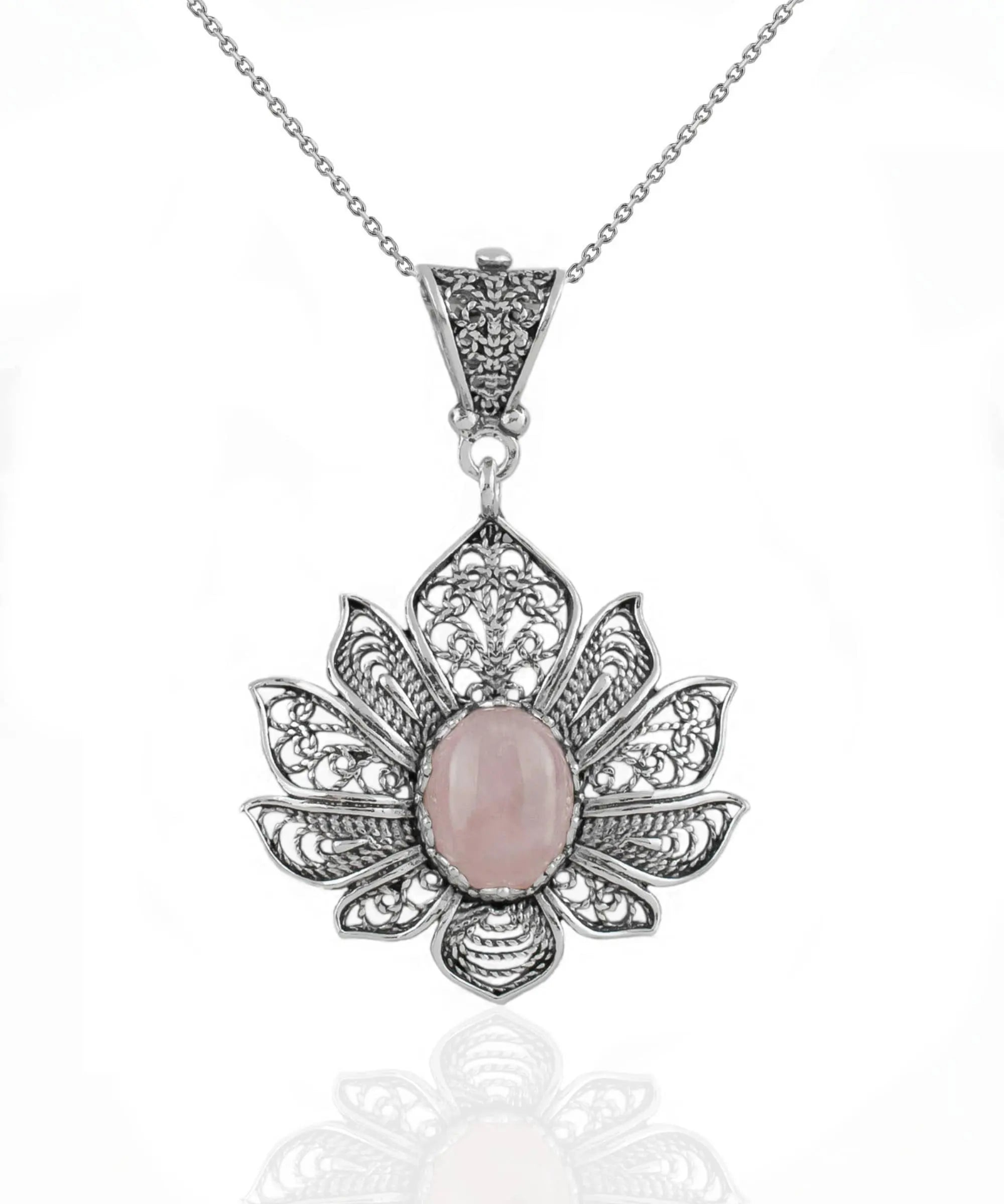 Filigree Art Rose Quartz Gemstone Lotus Flower Women Silver Pendant ...