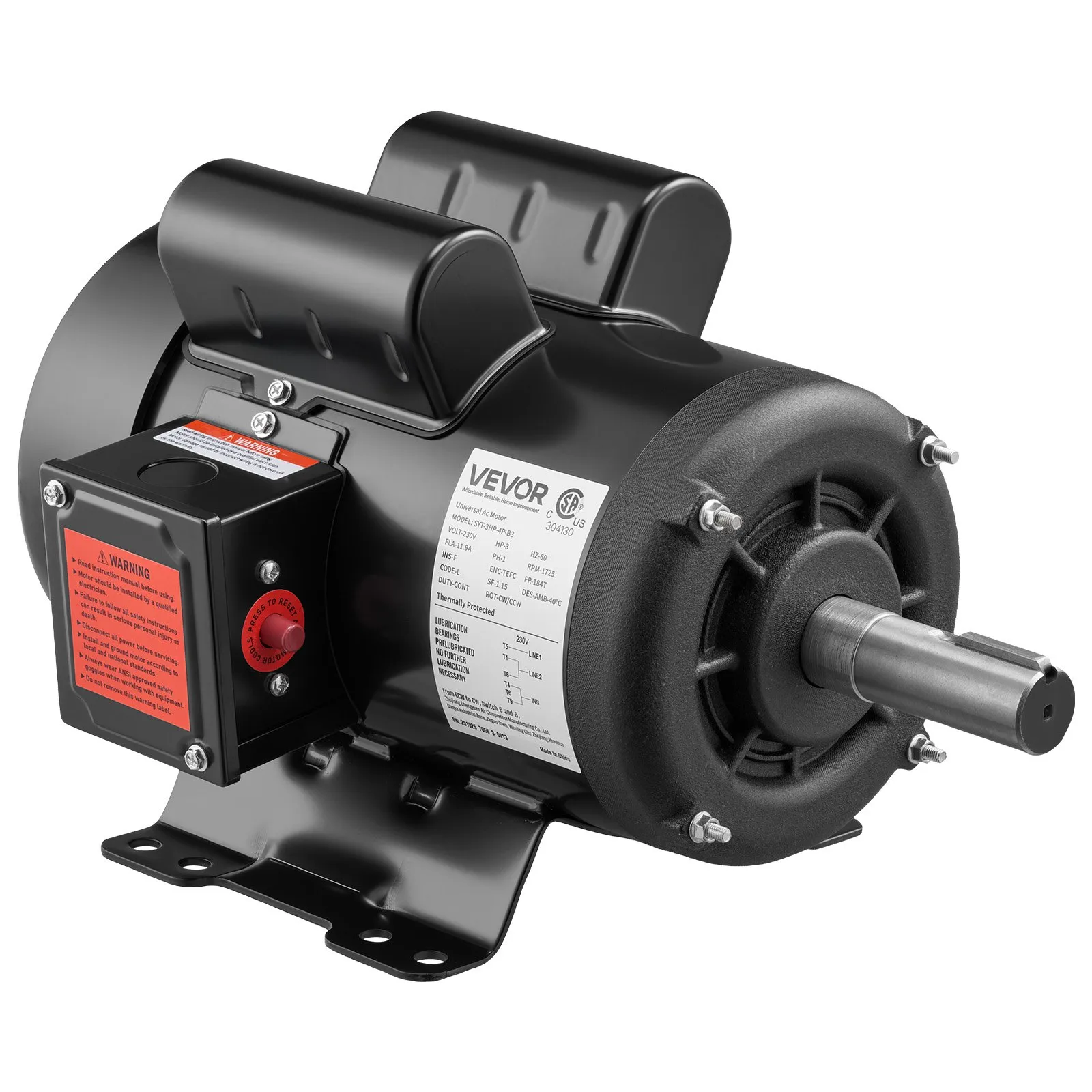 3 HP Electric Motor 1750 RPM, Single Phase 230V, 1.125in Shaft, 184T ...